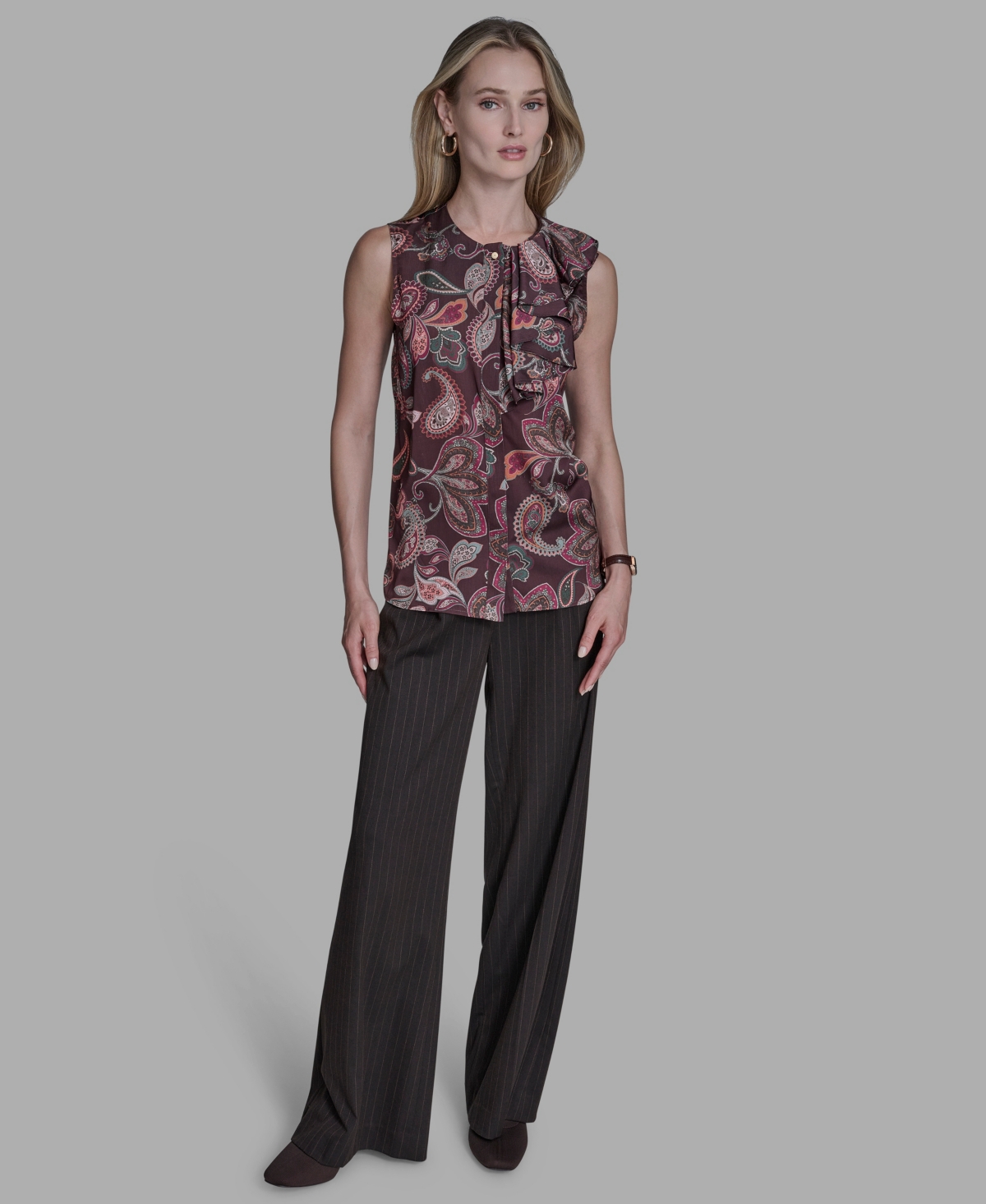 Click here for Bcbg Womens Printed Ruffle Button-Down Top - Choco... prices