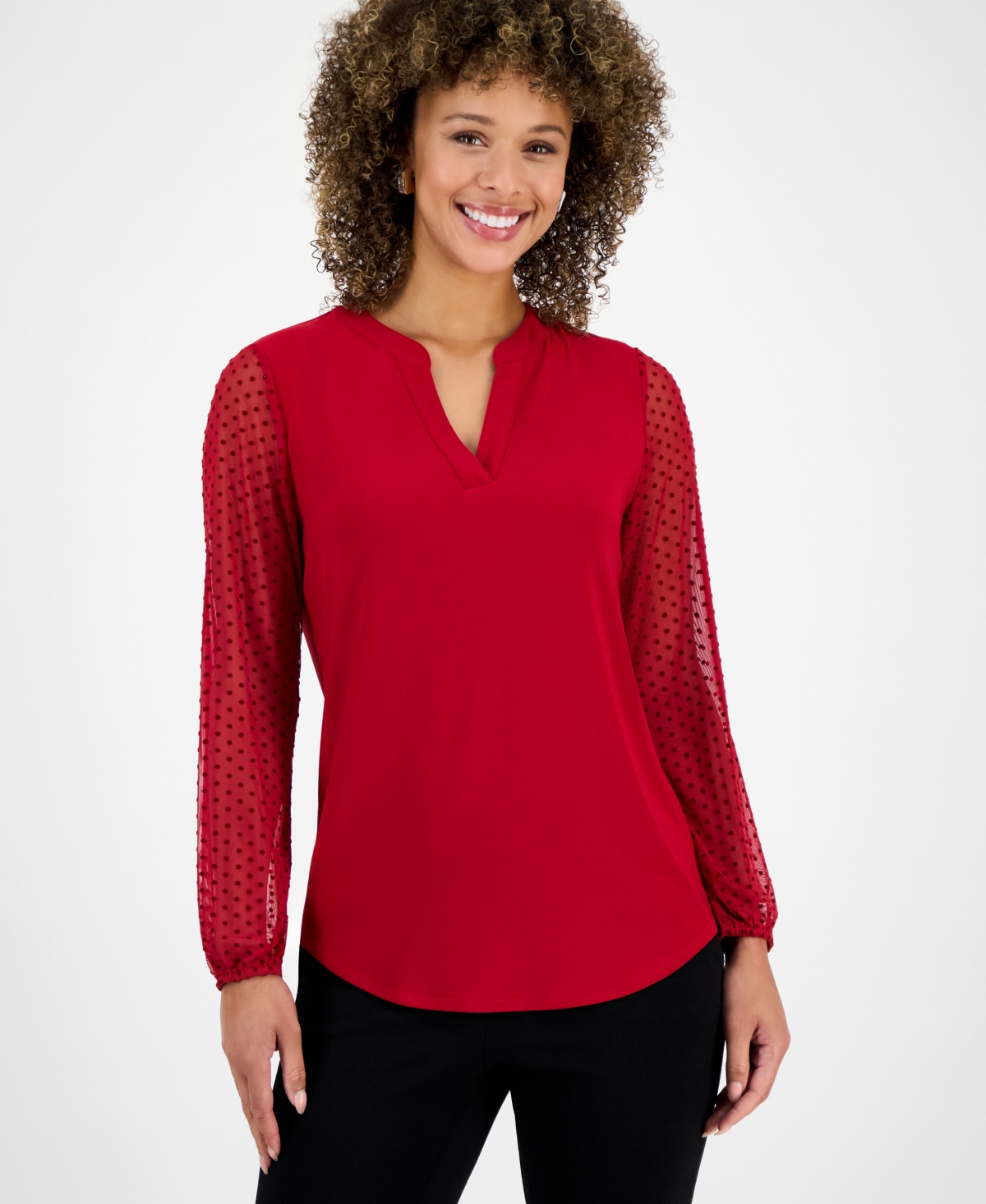 Click here for Kasper Womens Split-Neck Long-Dot-Sleeve Blouse -... prices