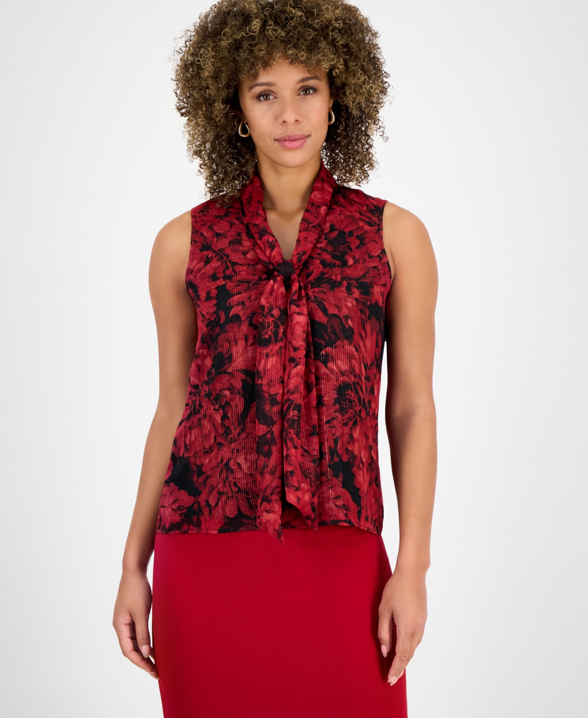 Kasper Womens Printed Tie-Neck Sleeveless Top - Fire Red Multi