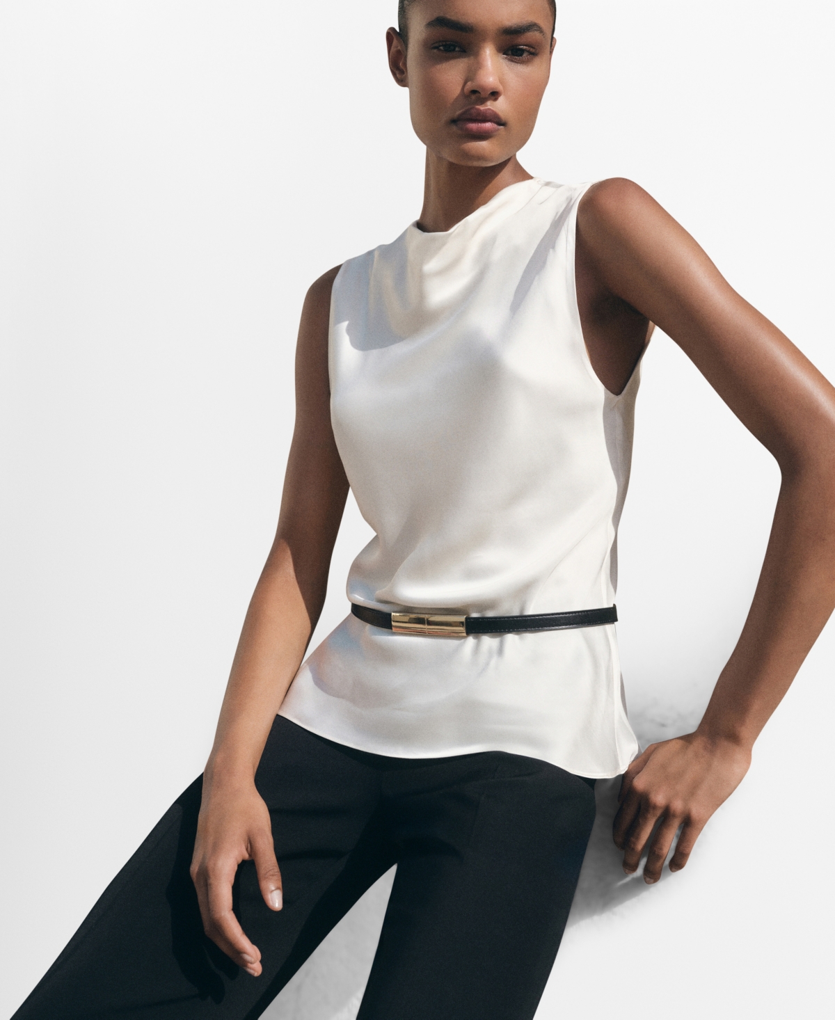 Click here for Mango Womens Draped Neck Satin Blouse - Ecru prices
