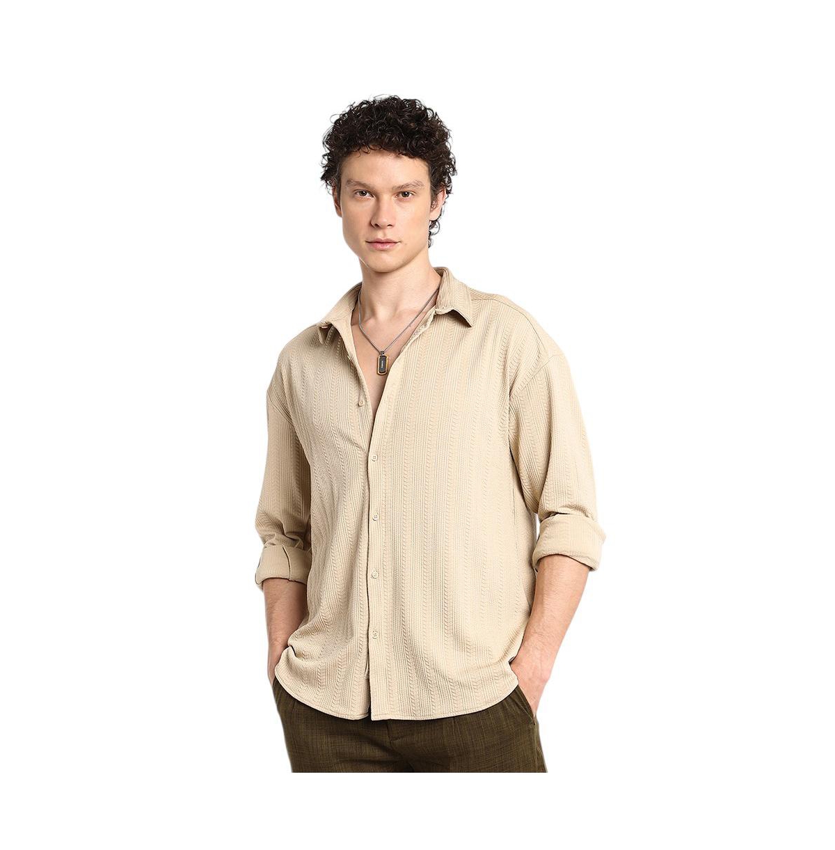 Click here for Campus Sutra Mens Light Beige Spear-Textured Shirt... prices