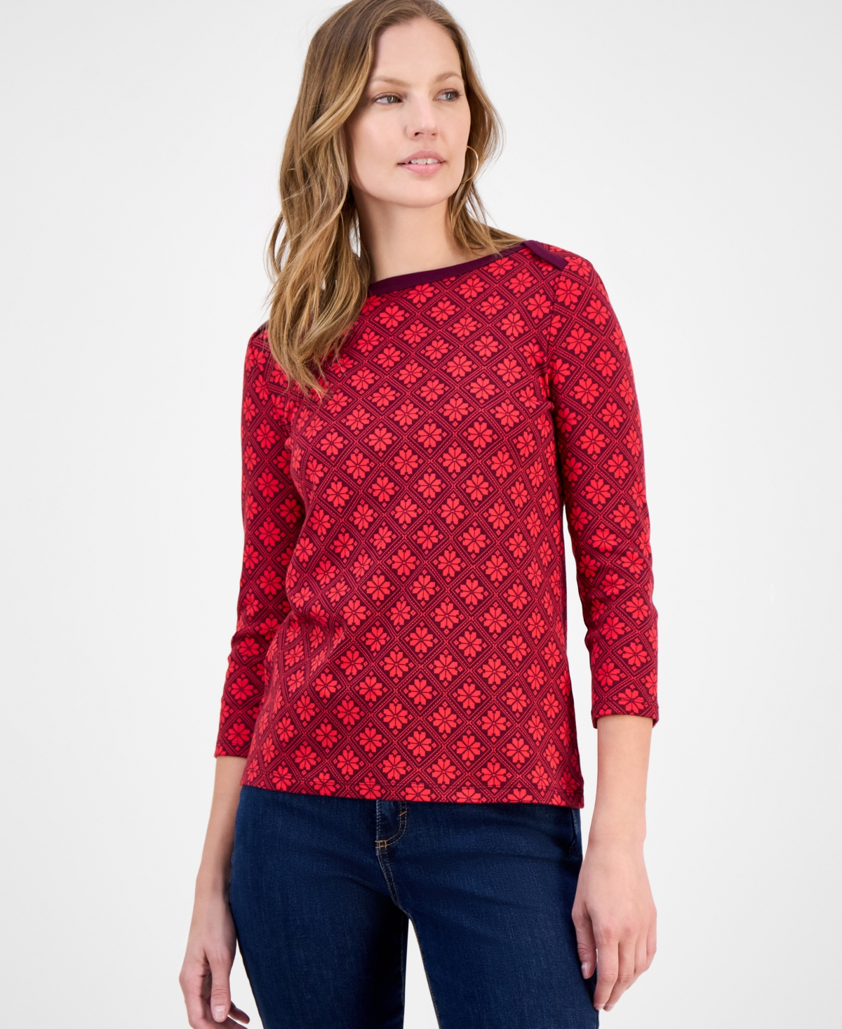 Click here for Style & Co Petite Cotton Fair Isle Lace-Print Top... prices