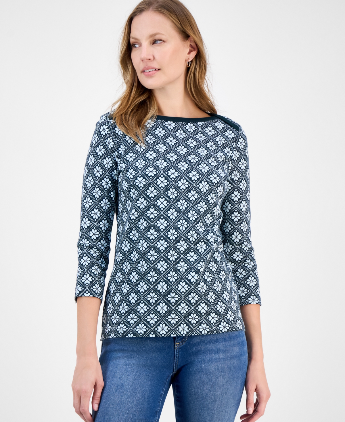 Click here for Style & Co Petite Cotton Fair Isle Lace-Print Top... prices