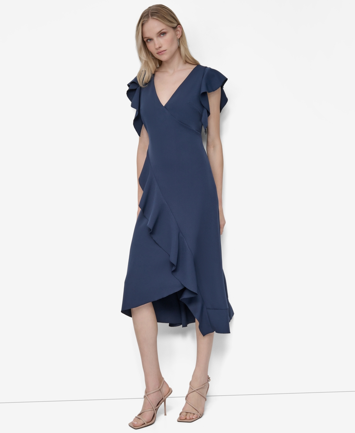 Dkny Womens Ruffle Sleeve V Neck Midi Dress - Indigo