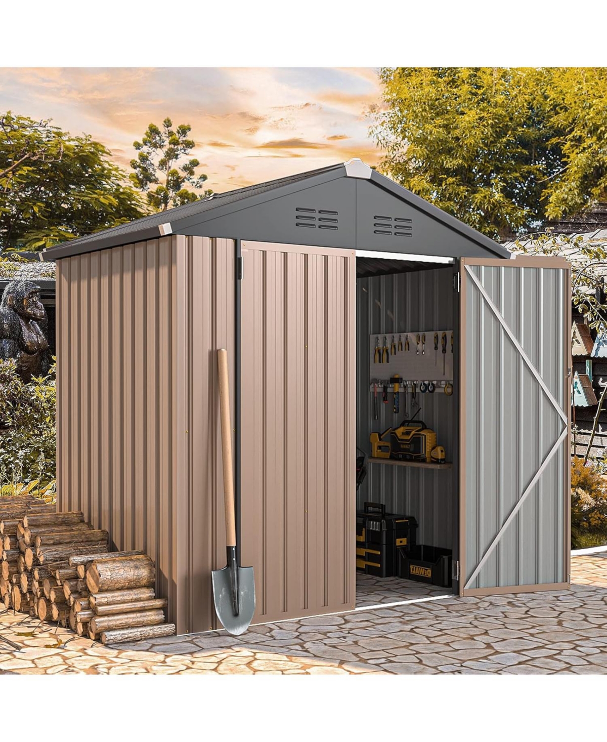 Click here for Aecojoy 7x7 Outdoor Storage Shed - Brown and grey prices