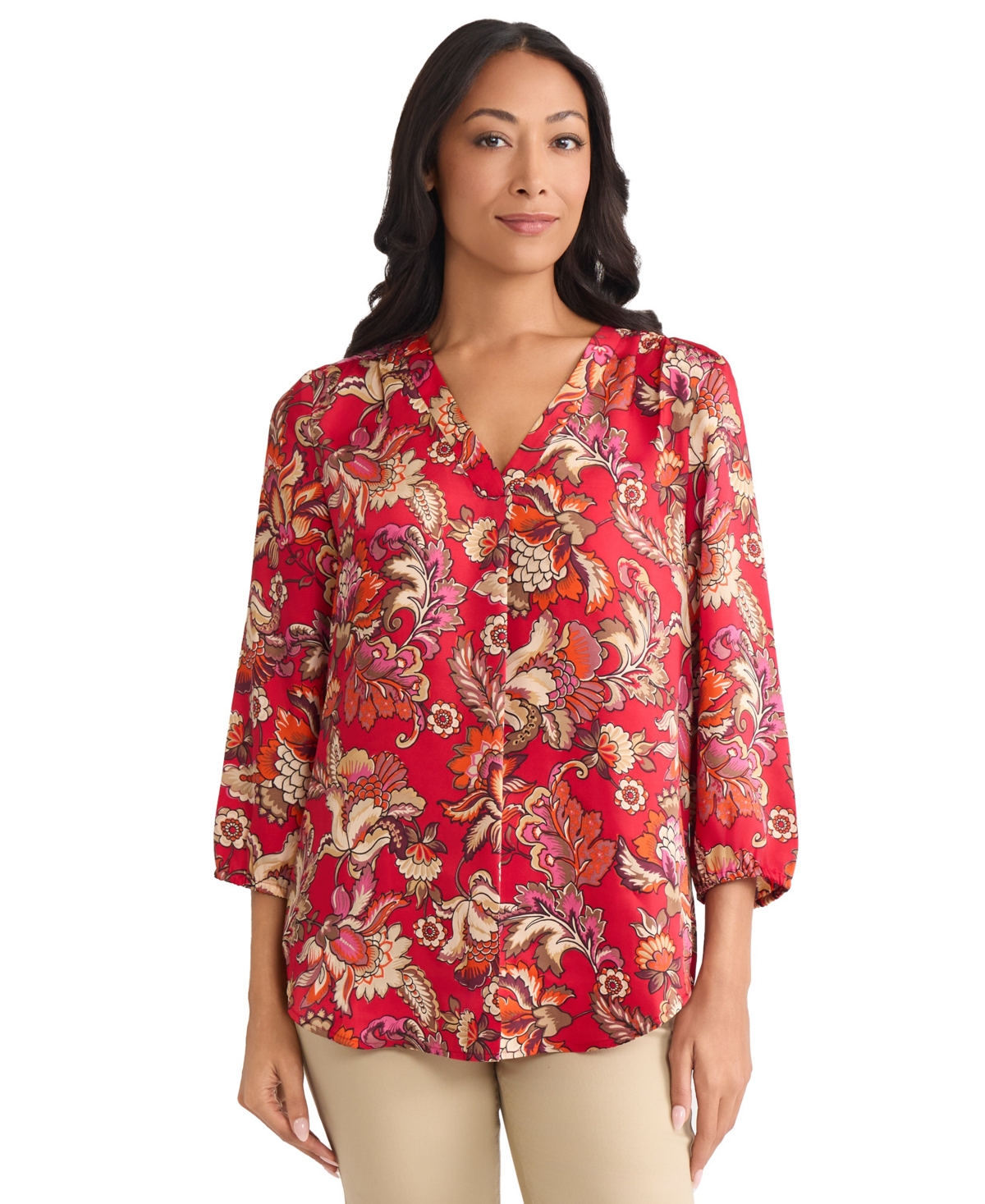 Click here for Jones New York Petite Printed Satin Twill V-Neck T... prices