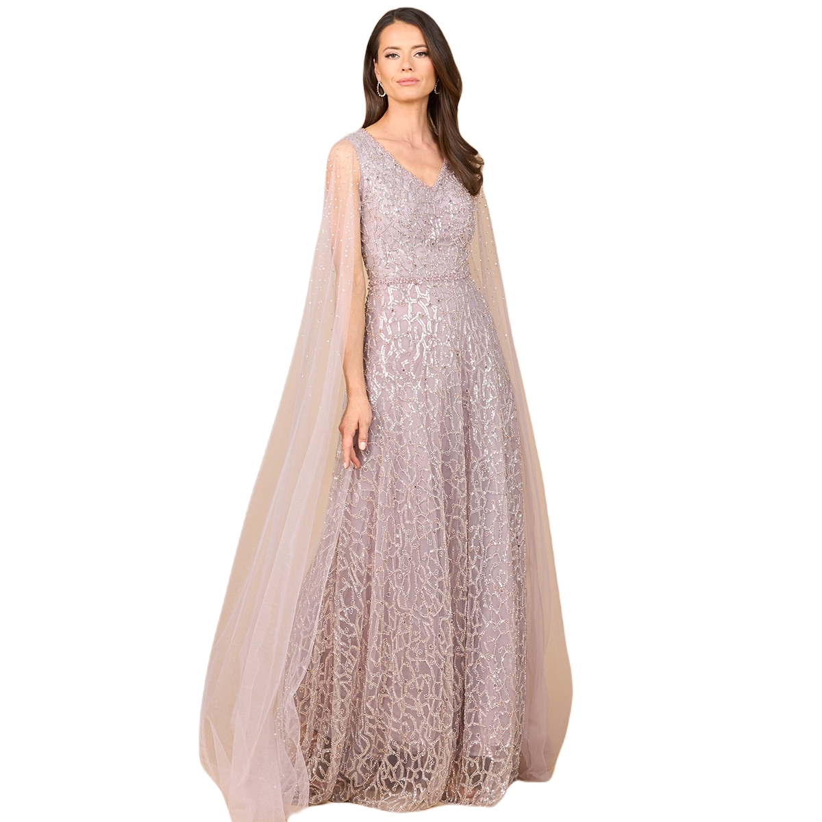 Click here for Lara Womens Beaded Lace Gown with Cape Sleeves - D... prices