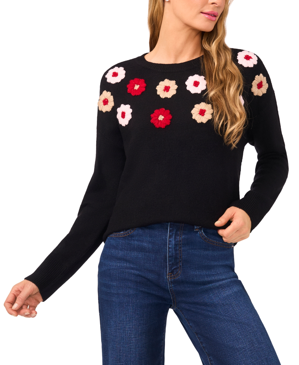 CeCe Womens Multicolor Embroidered Flower Long Sleeves Sweater - Rich Black