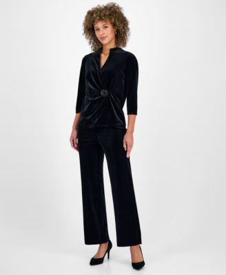 Click here for Kasper Womens Velvet Embellished Top Pull On Wide... prices