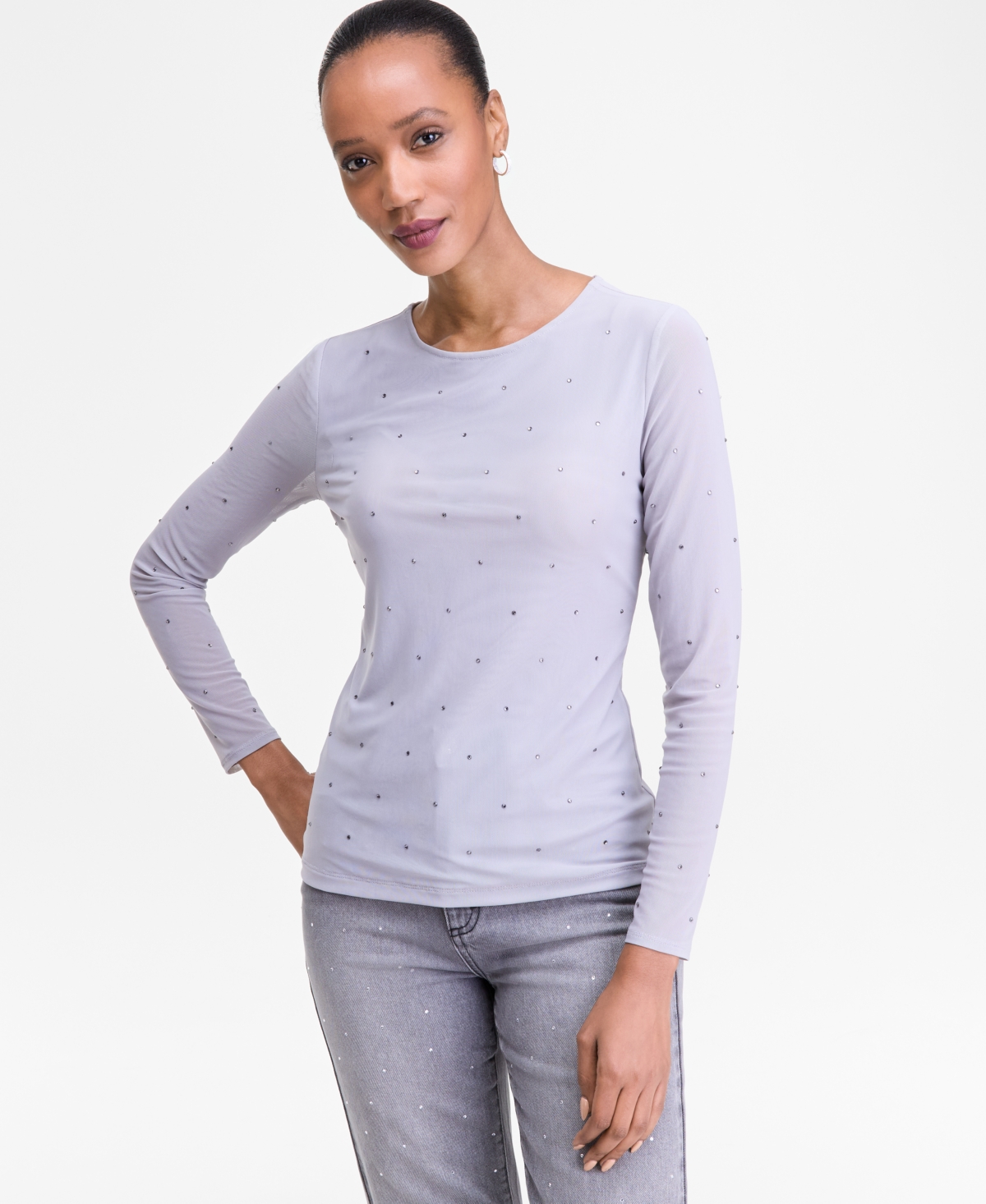 I.n.c. International Concepts Womens Crystal Mesh Long-Sleeve Top  Macys Exclusive - Boulder Gray