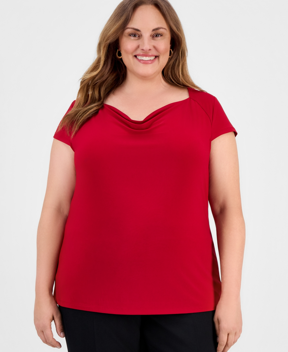 Kasper Plus Size Cowlneck Cap-Sleeve Top - Fire Red