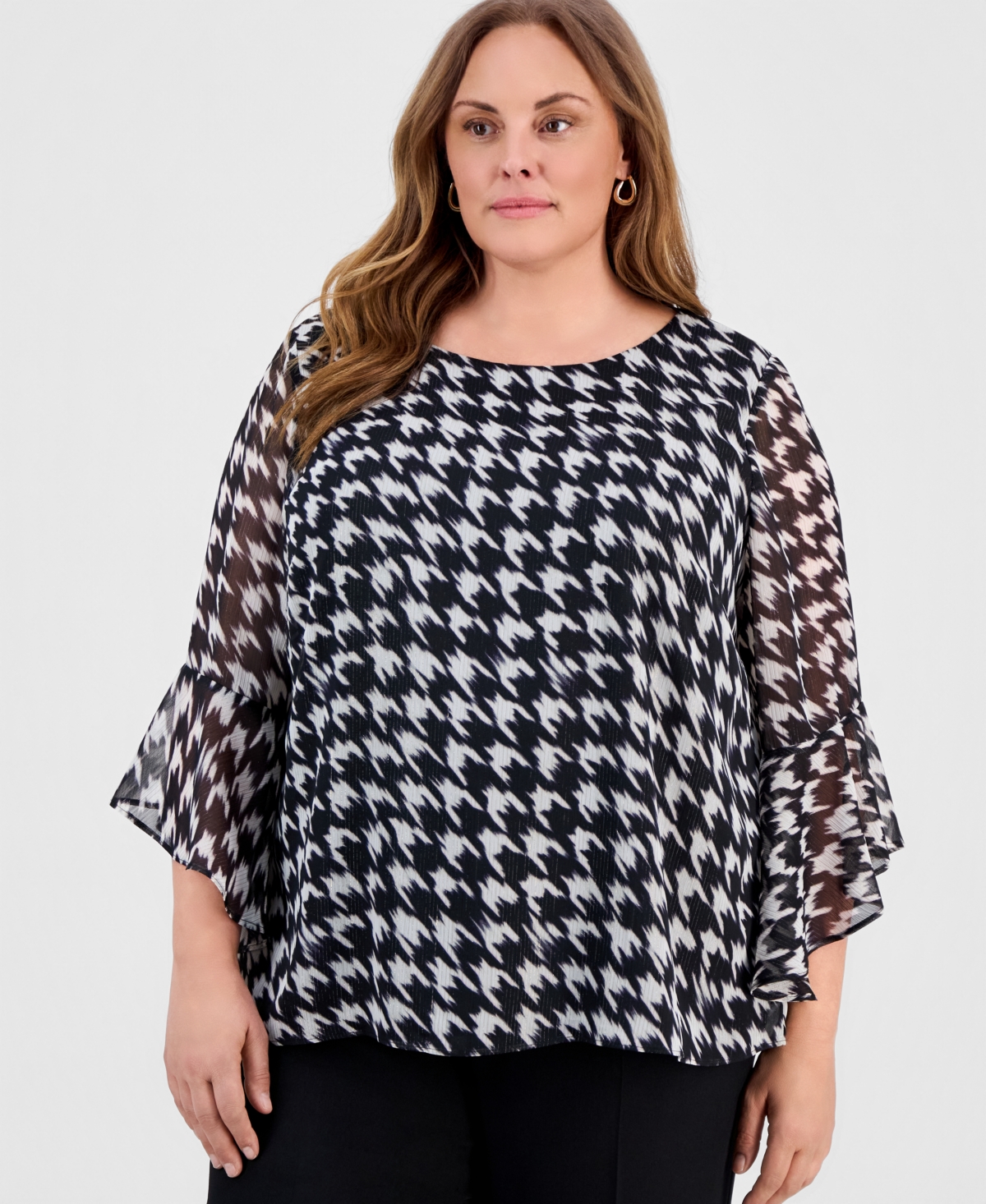Click here for Kasper Womens Plus Size Houndstooth Ruffle Sleeve... prices