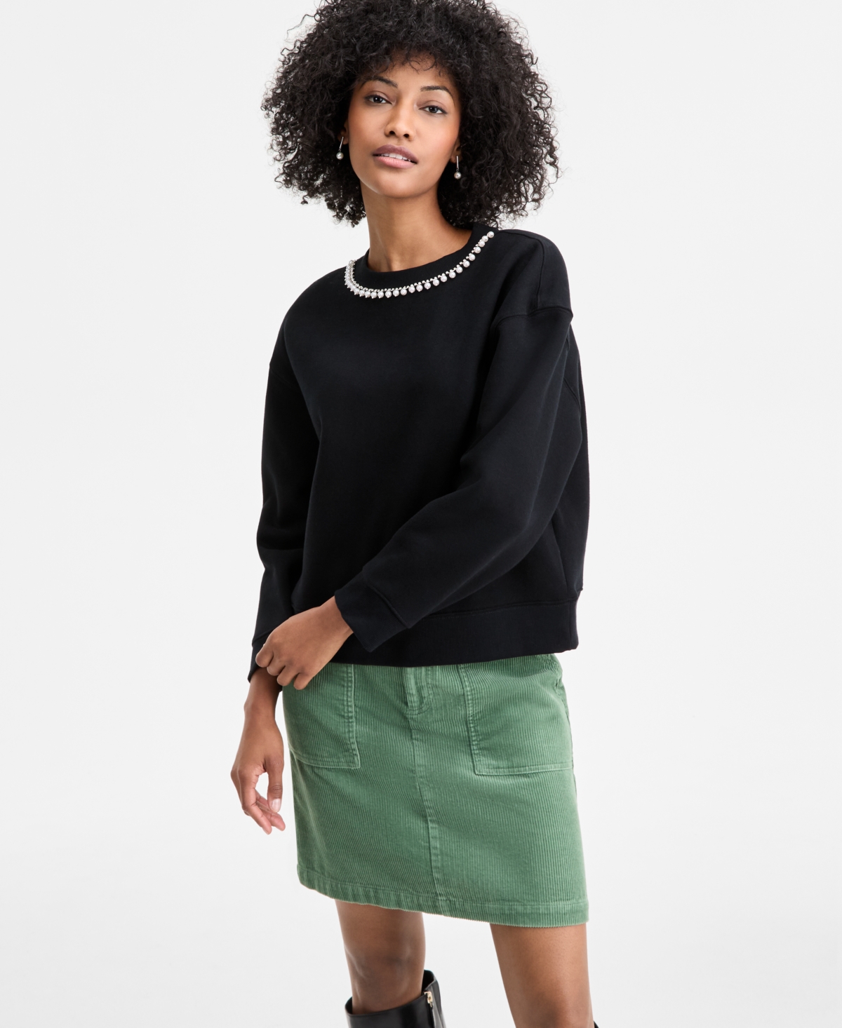 On 34th Womens Embellished Crewneck Sweatshirt  Macys Exclusive - Deep Black