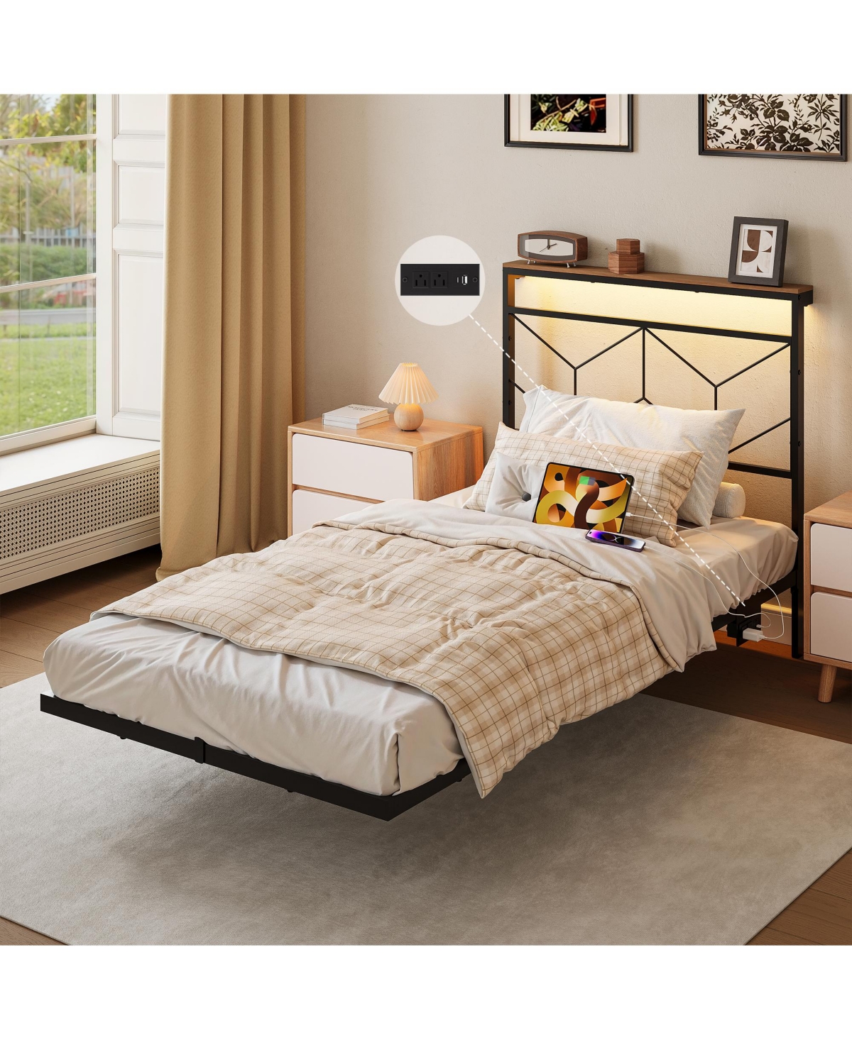 Click here for Hausource Twin Size Floating Bed Frame with Led He... prices