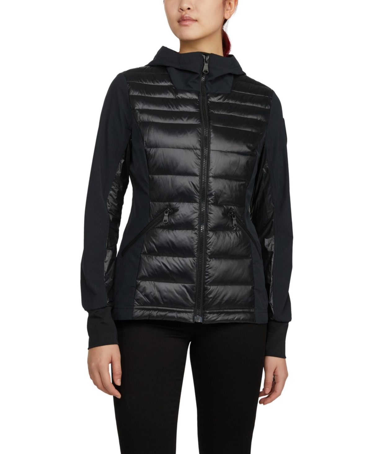 Pajar Womens Cressy Mixed Media Channel Quilted Stretch Puffer - Black