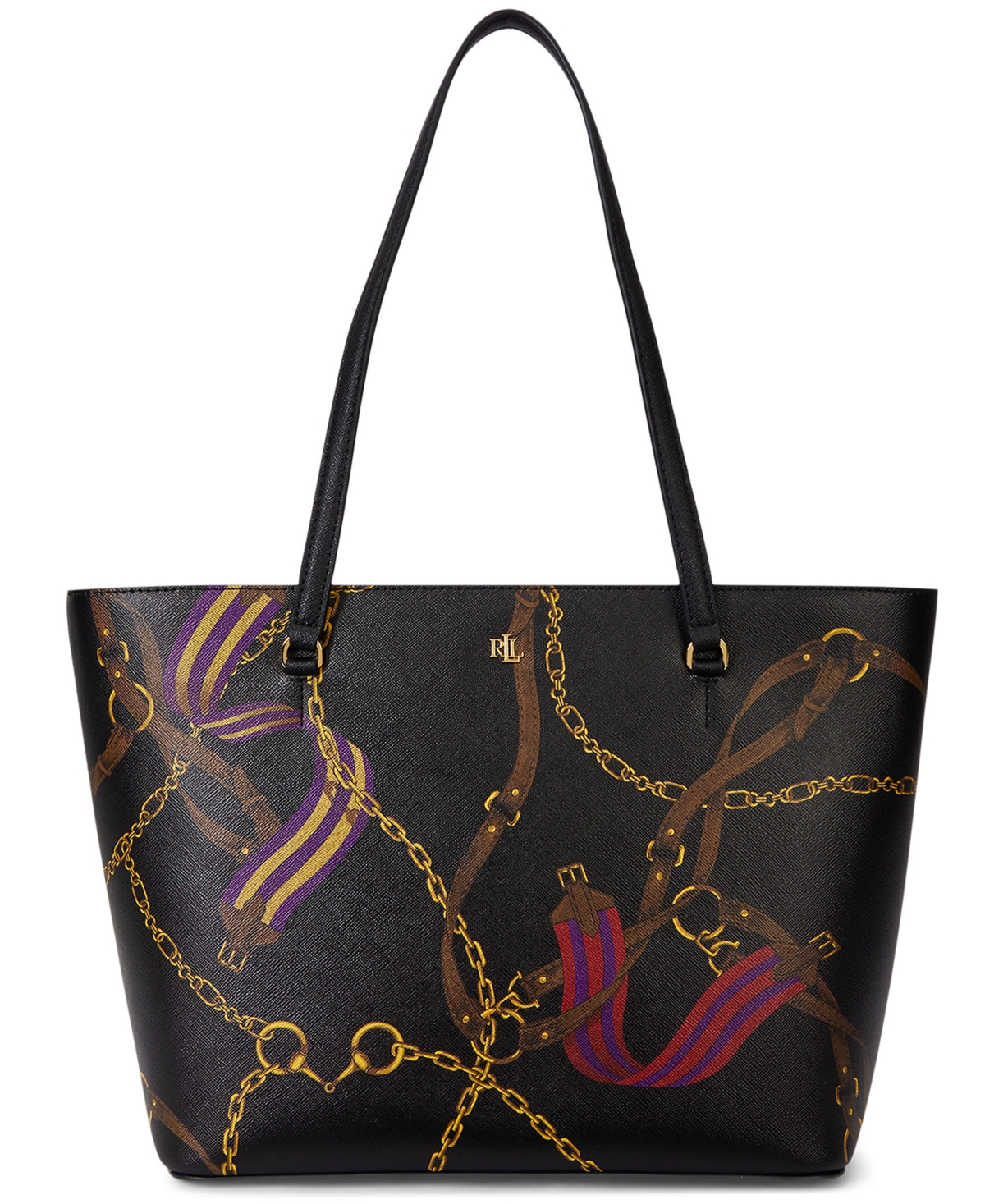 Lauren Ralph Lauren Womens Karly Medium Tote Bag - Holiday Equestrian Belting/Black