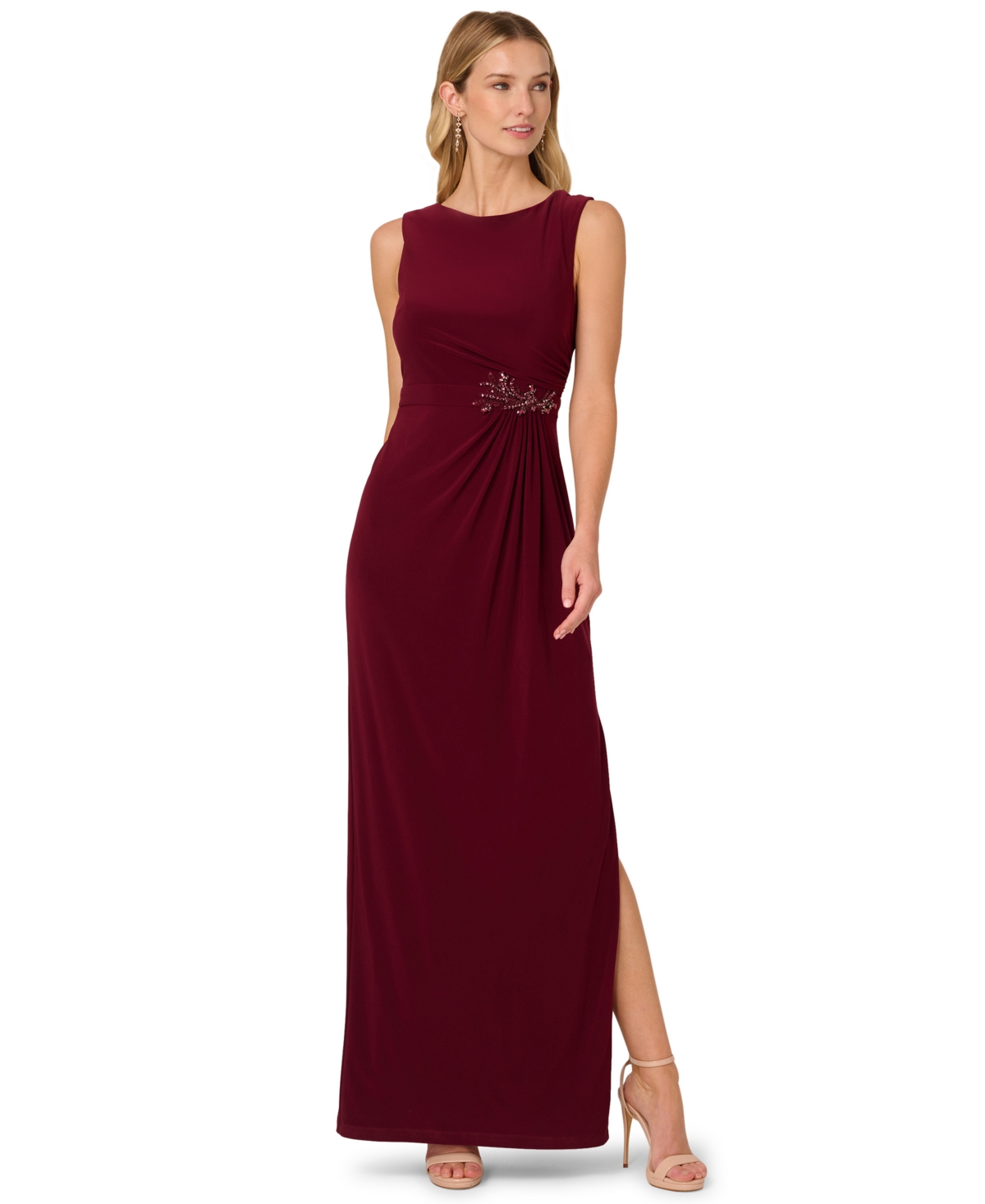 Adrianna Papell Womens Embellished Back Zipper Maxi Gown - Red wine