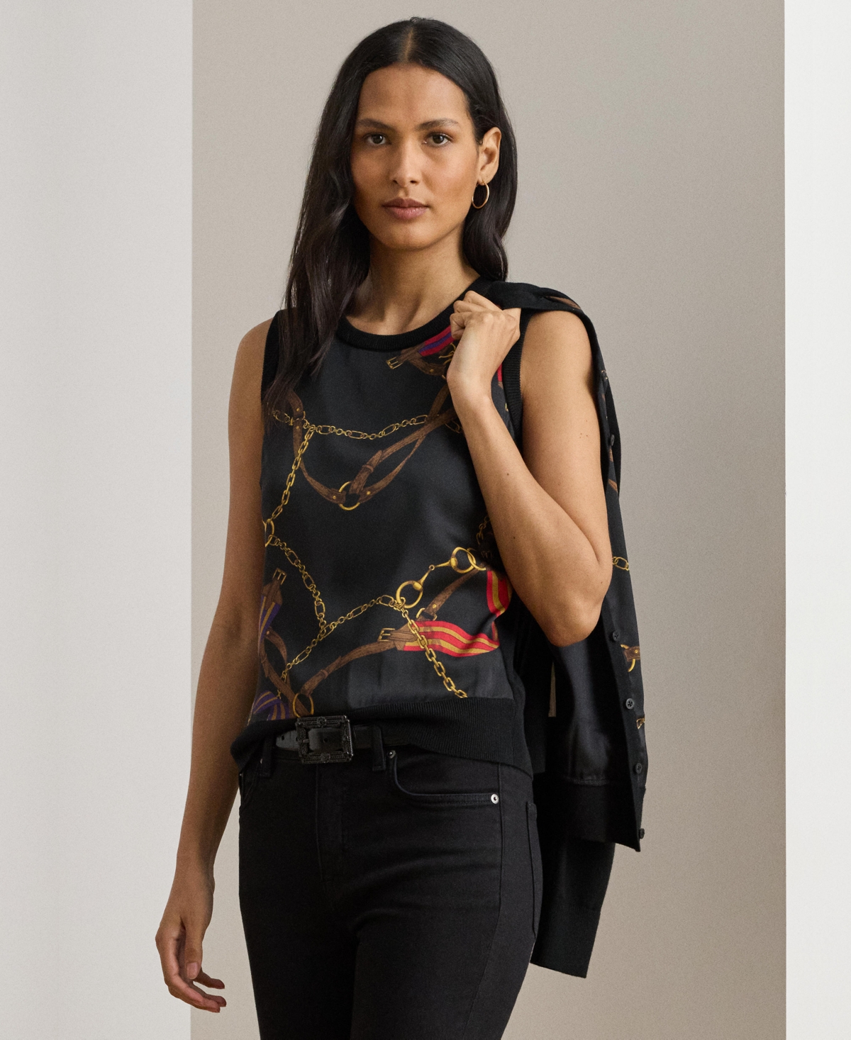 Lauren Ralph Lauren Womens Belting-Print Sleeveless Sweater Top - Black Multi