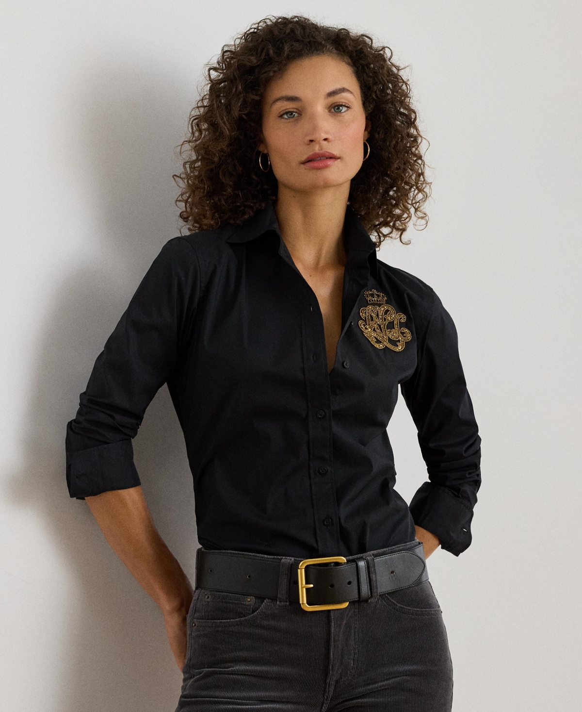 Lauren Ralph Lauren Womens Logo Detail Point Collar Shirt - Black