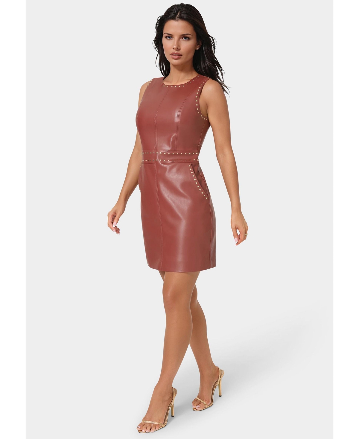Click here for Bebe Womens Faux Leather Stud Seam Dress - Wine prices