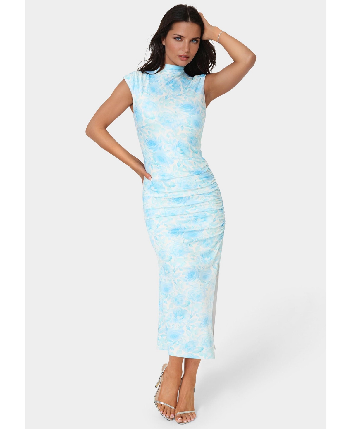 Click here for Bebe Womens Jersey Mock Neck Maxi Dress - Blue flo... prices