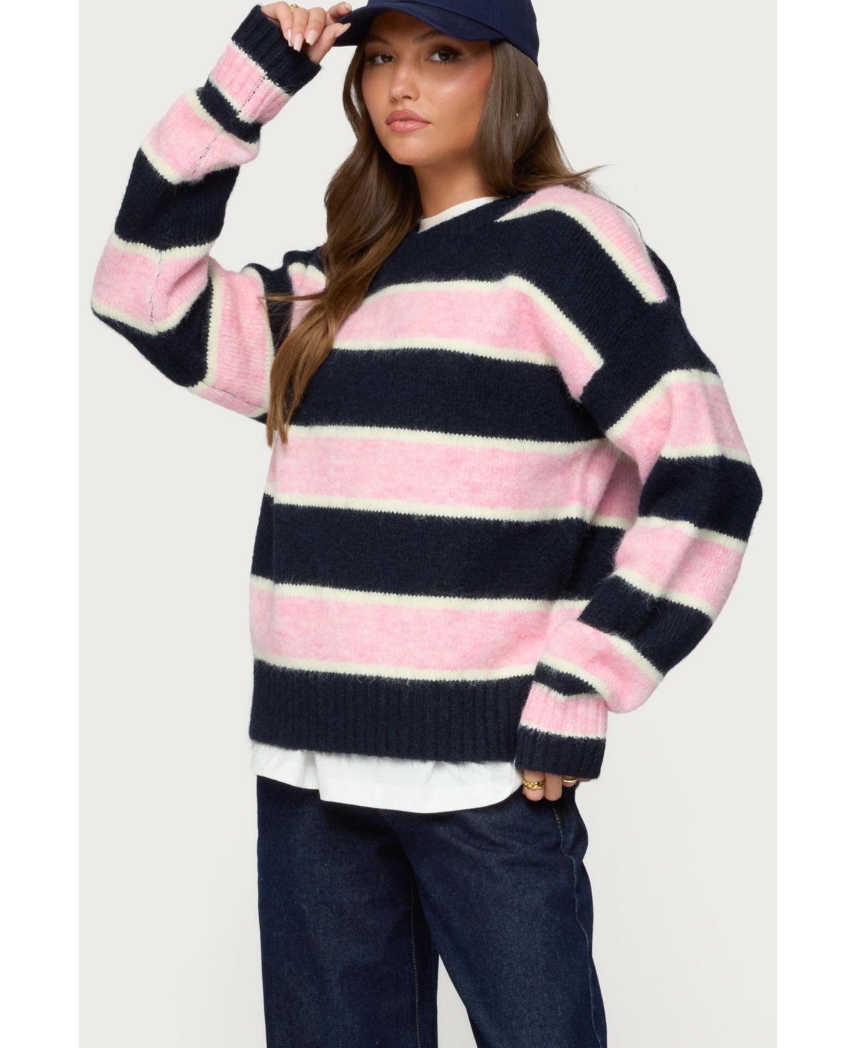 Click here for Edikted Womens Conrad Striped Knit Sweater - Navy-... prices