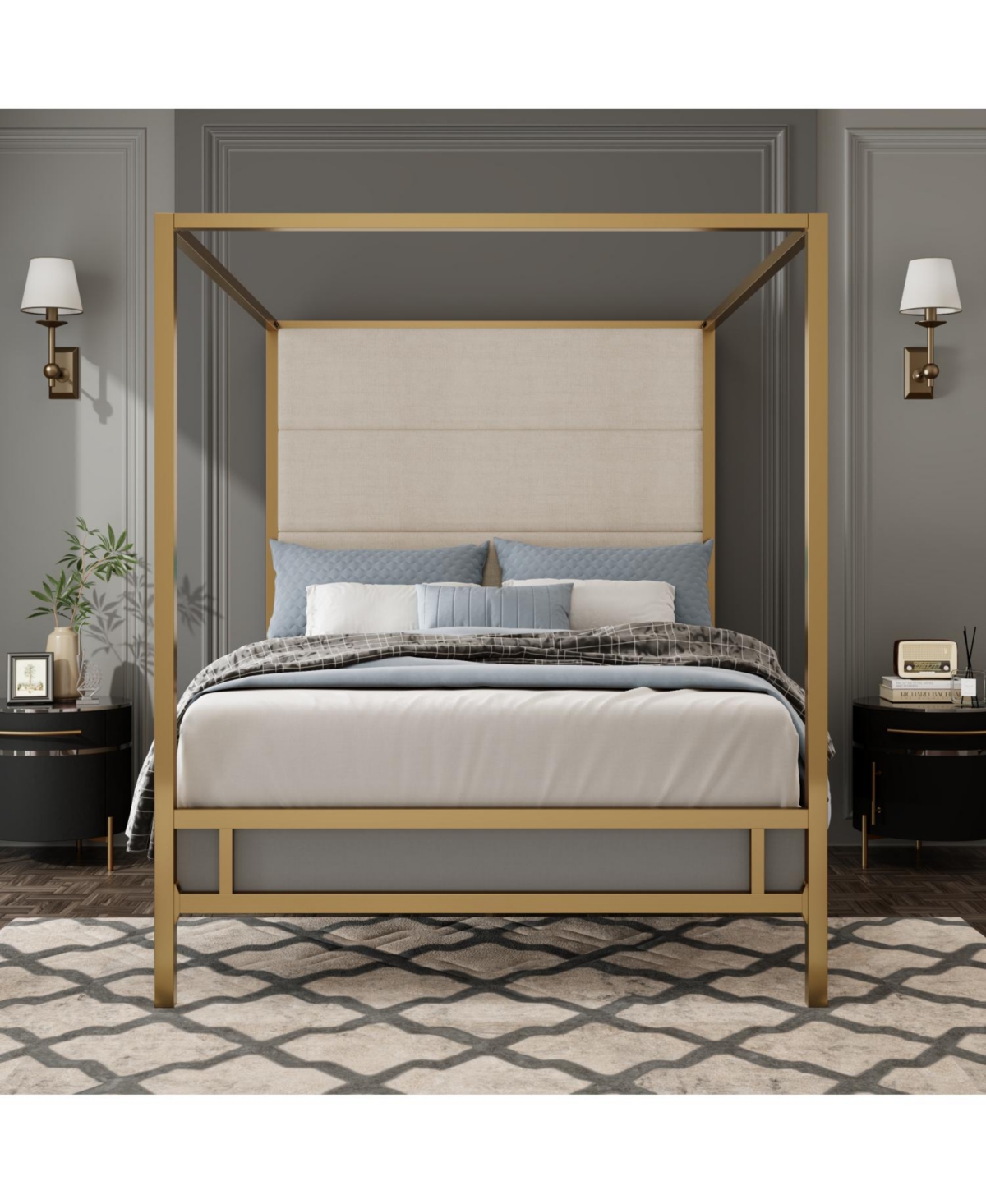 Click here for Streamdale Furniture King Canopy Bed - Gold tan prices