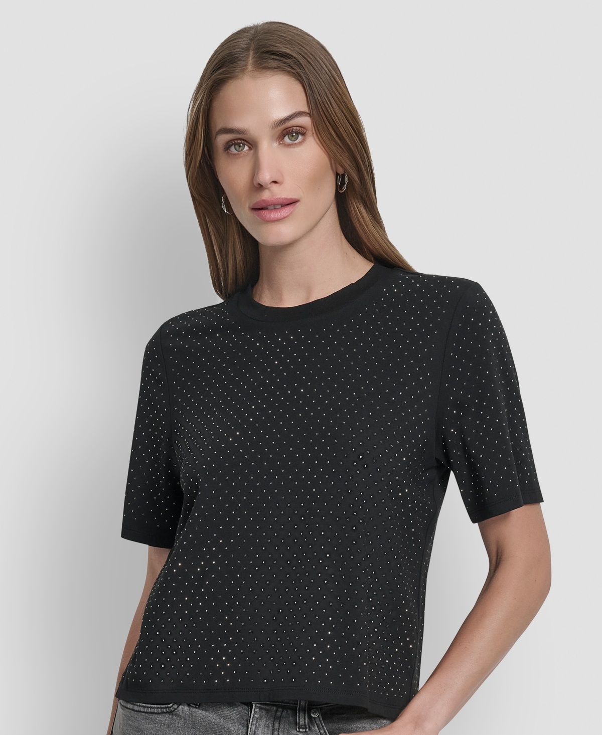 Click here for Dkny Womens Embellished Crewneck Top - Black prices