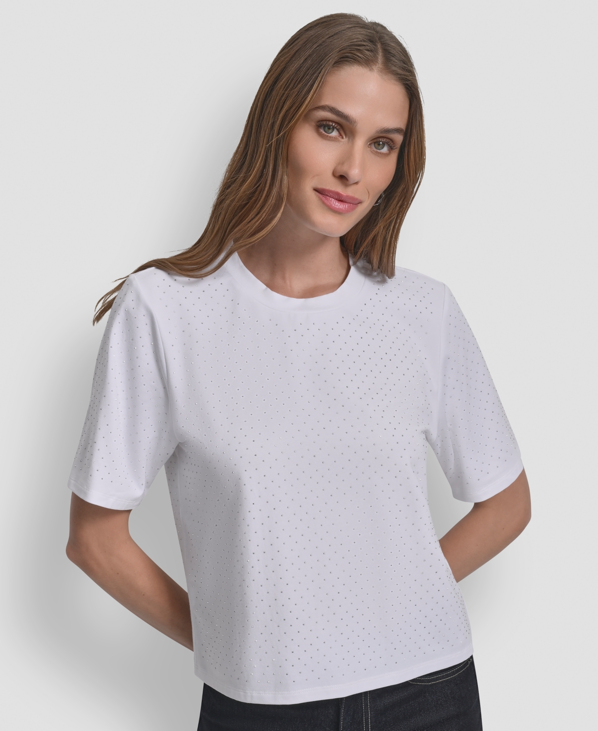 Click here for Dkny Womens Embellished Crewneck Top - White prices