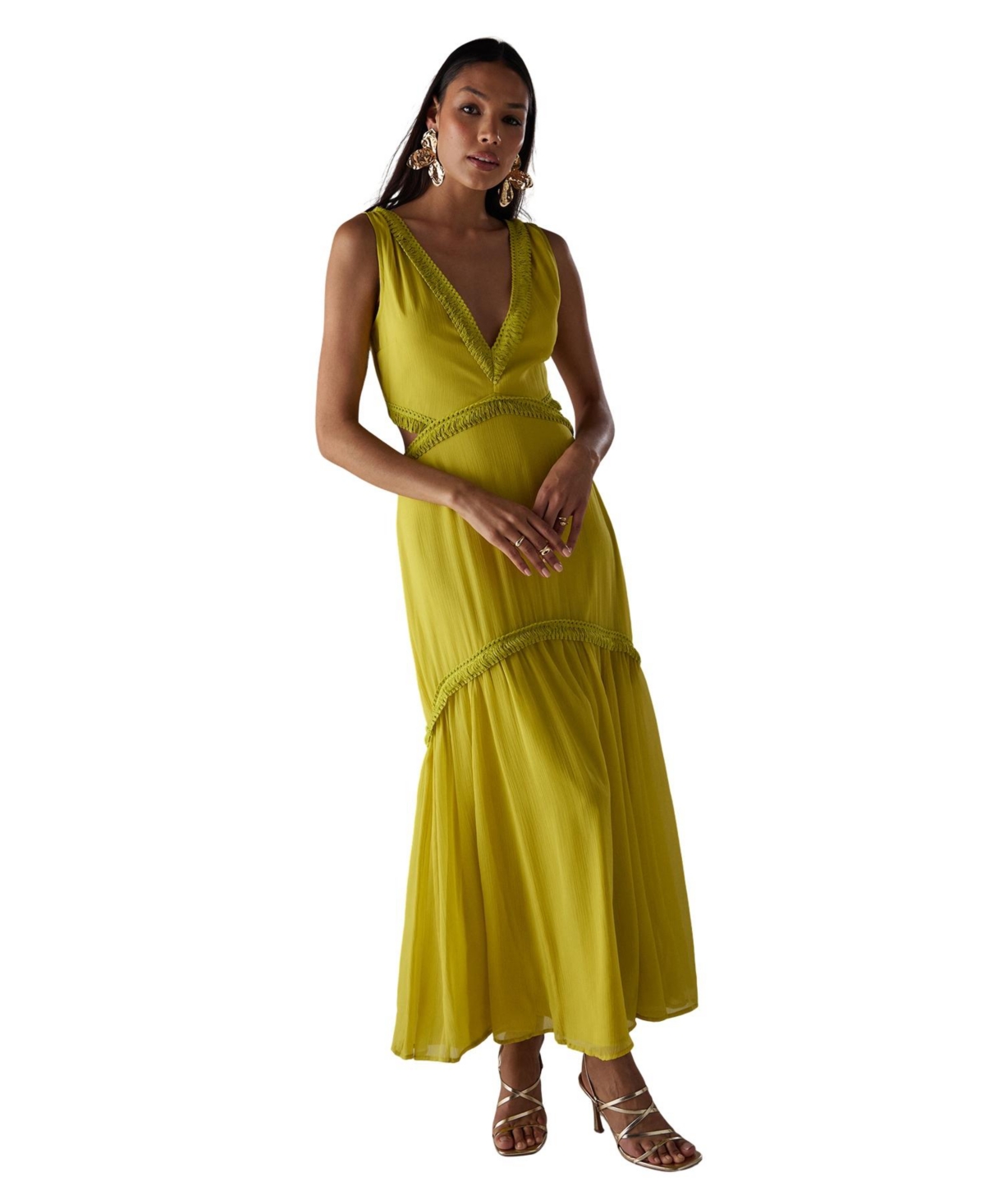 Click here for Warehouse Womens Chiffon Fringe Trim Cut Out Maxi... prices