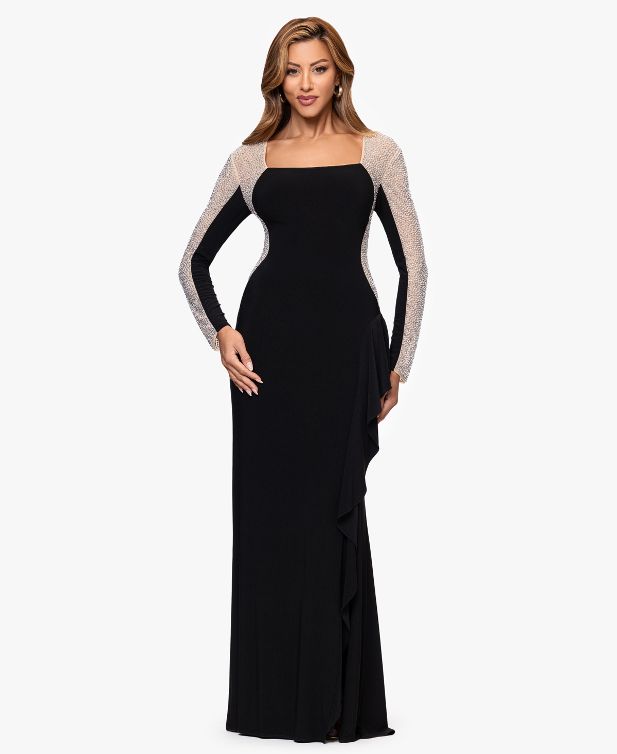 Click here for Xscape Womens Square Neck Long Dress - Black Nude... prices