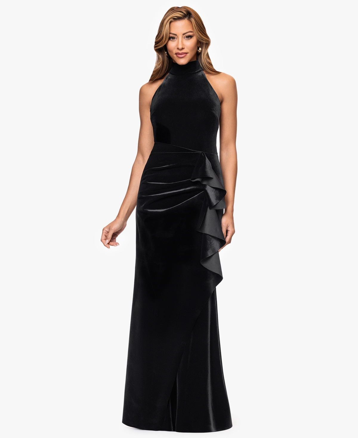 Click here for Xscape Womens Halter Neck Side Ruched Dress - Blac... prices