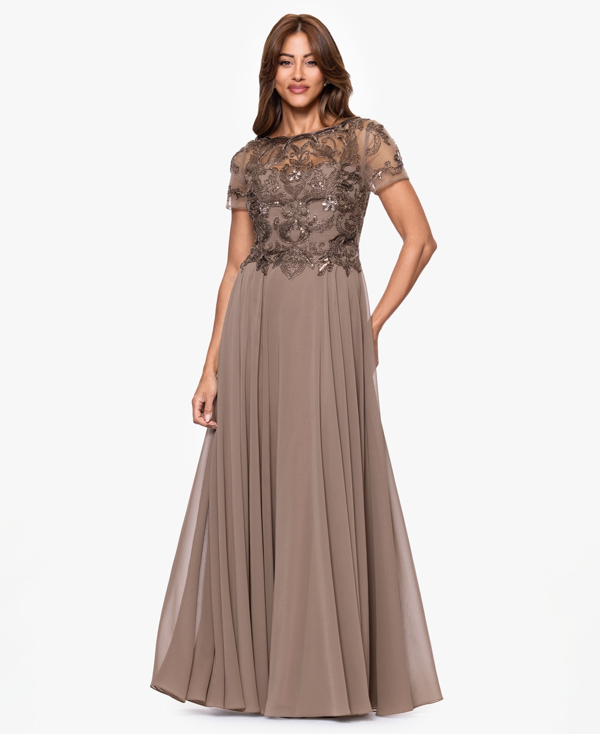 Click here for Xscape Womens Boat Neck Beaded Dress - Mocha prices