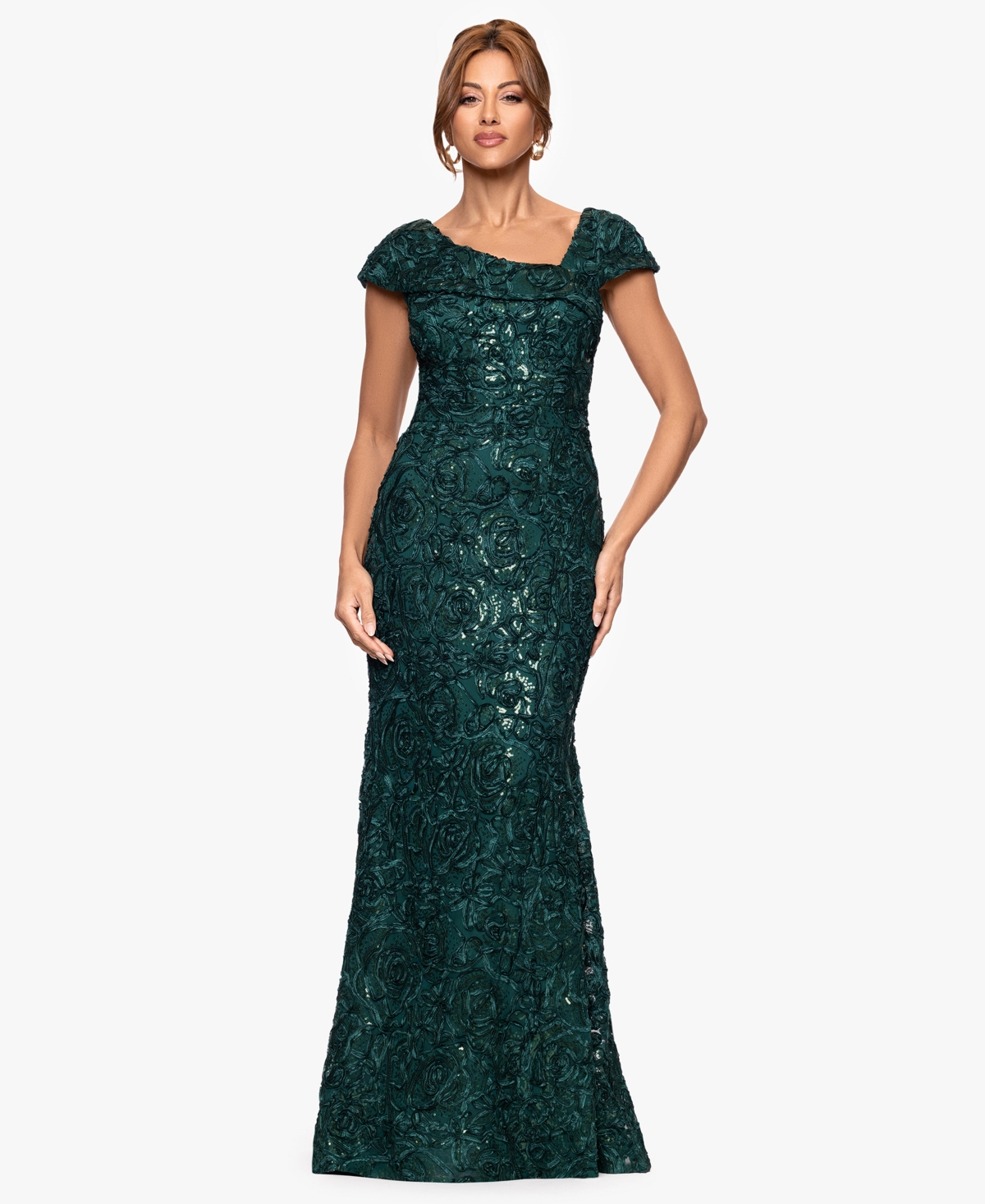 Click here for Xscape Womens Asymmetric Neck Long Dress - Hunter prices