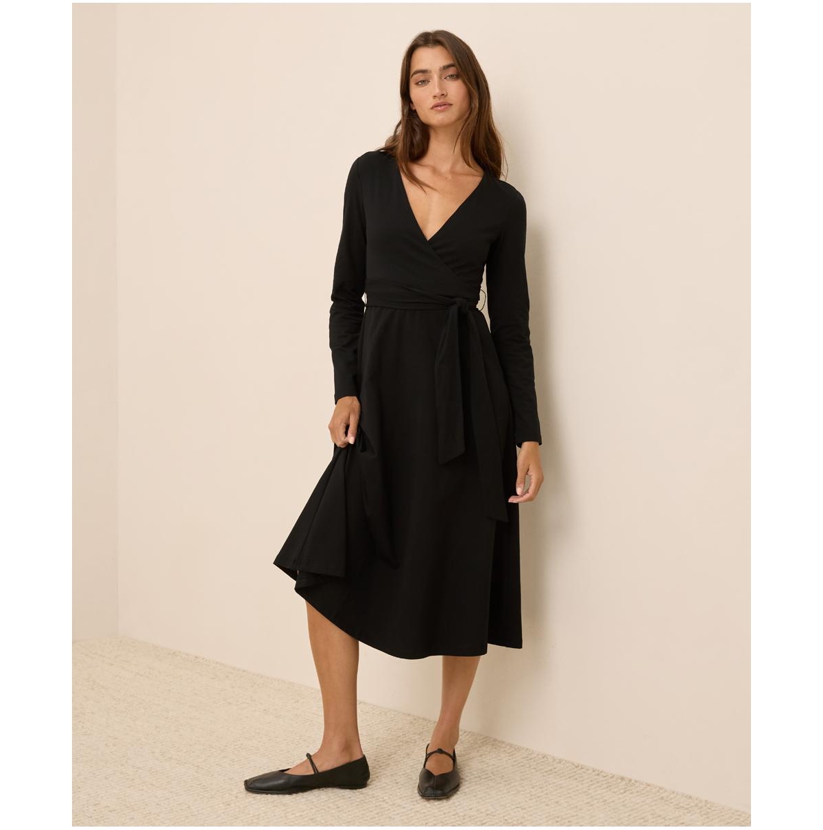 Pact Womens Organic Cotton Fit & Flare Faux Wrap Dress - Black