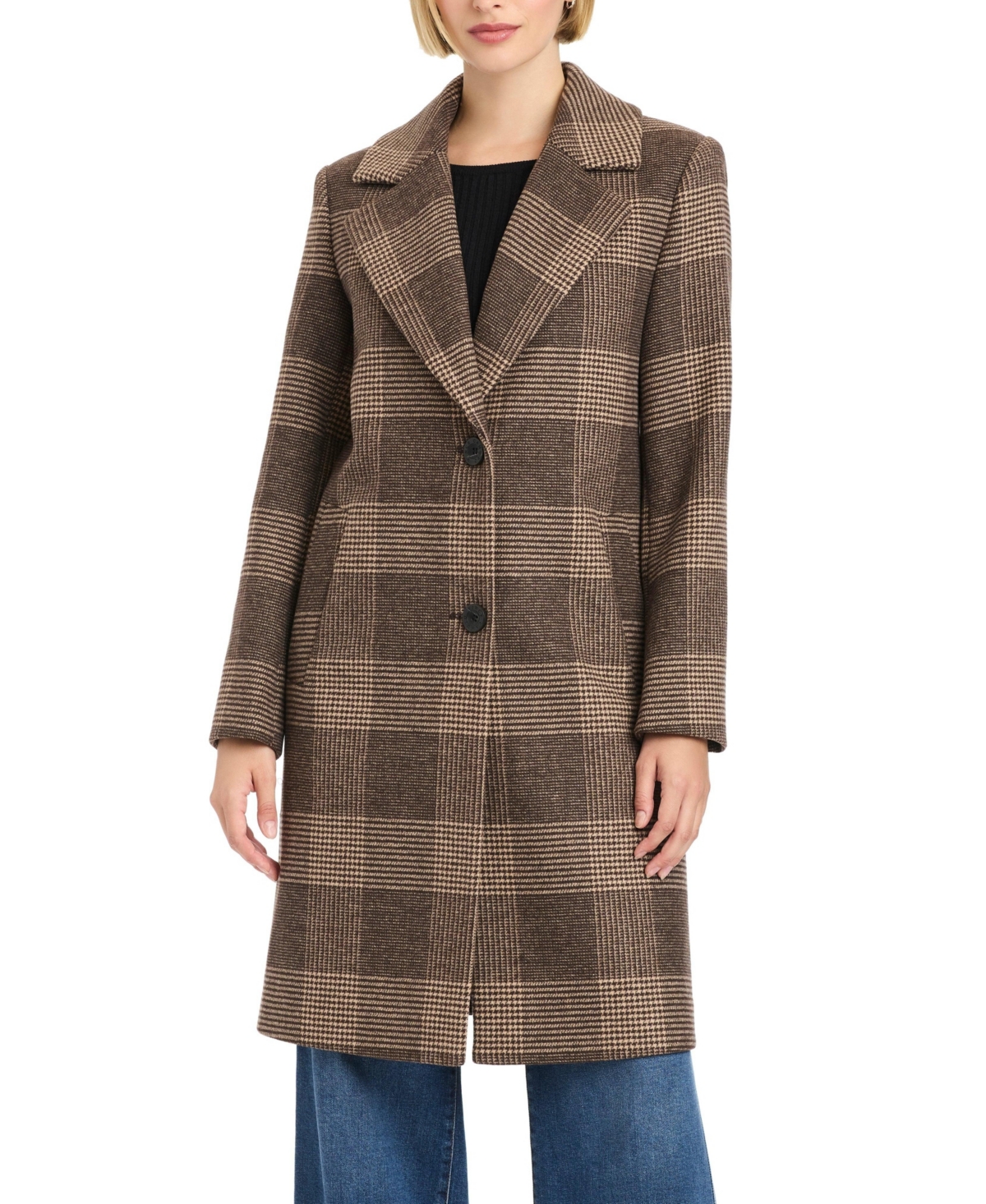 Vince Camuto Womens Single-Breasted Wool-Blend Boyfriend Plaid Coat - Taupe glen plaid