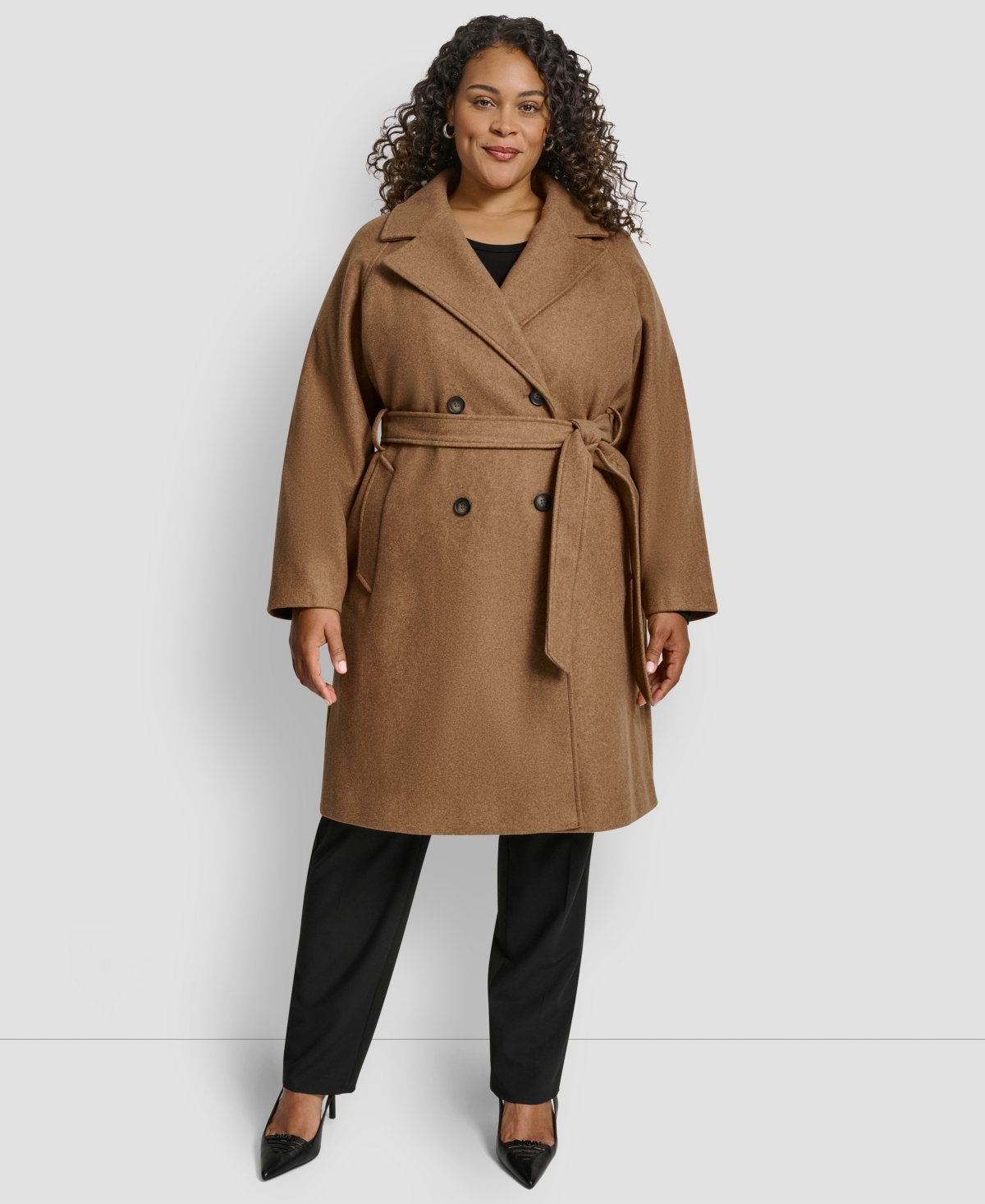 Click here for Dkny Plus Size Belted Notch Collar Coat - Dark Cam... prices