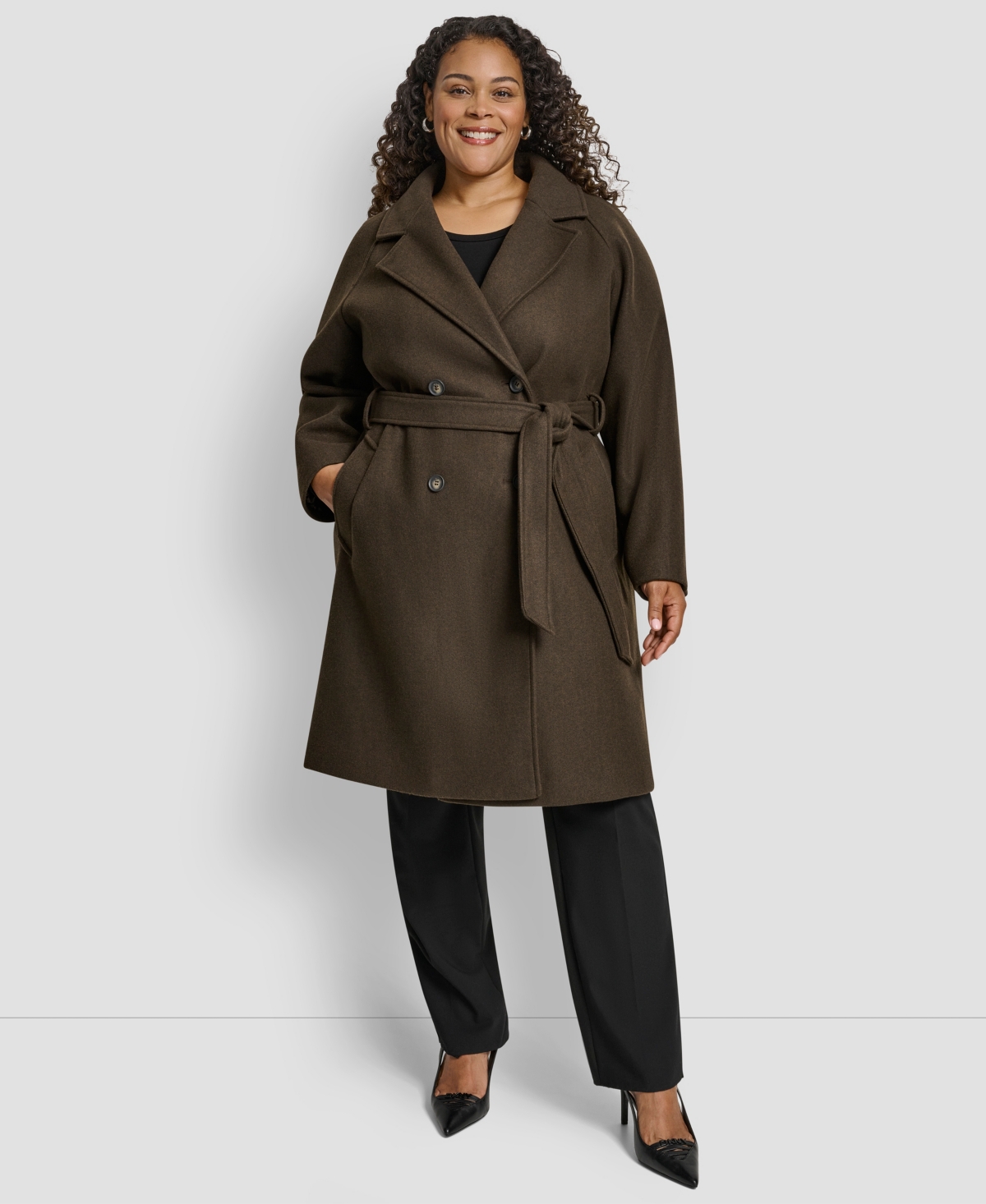 Click here for Dkny Plus Size Belted Notch Collar Coat - Chocolat... prices