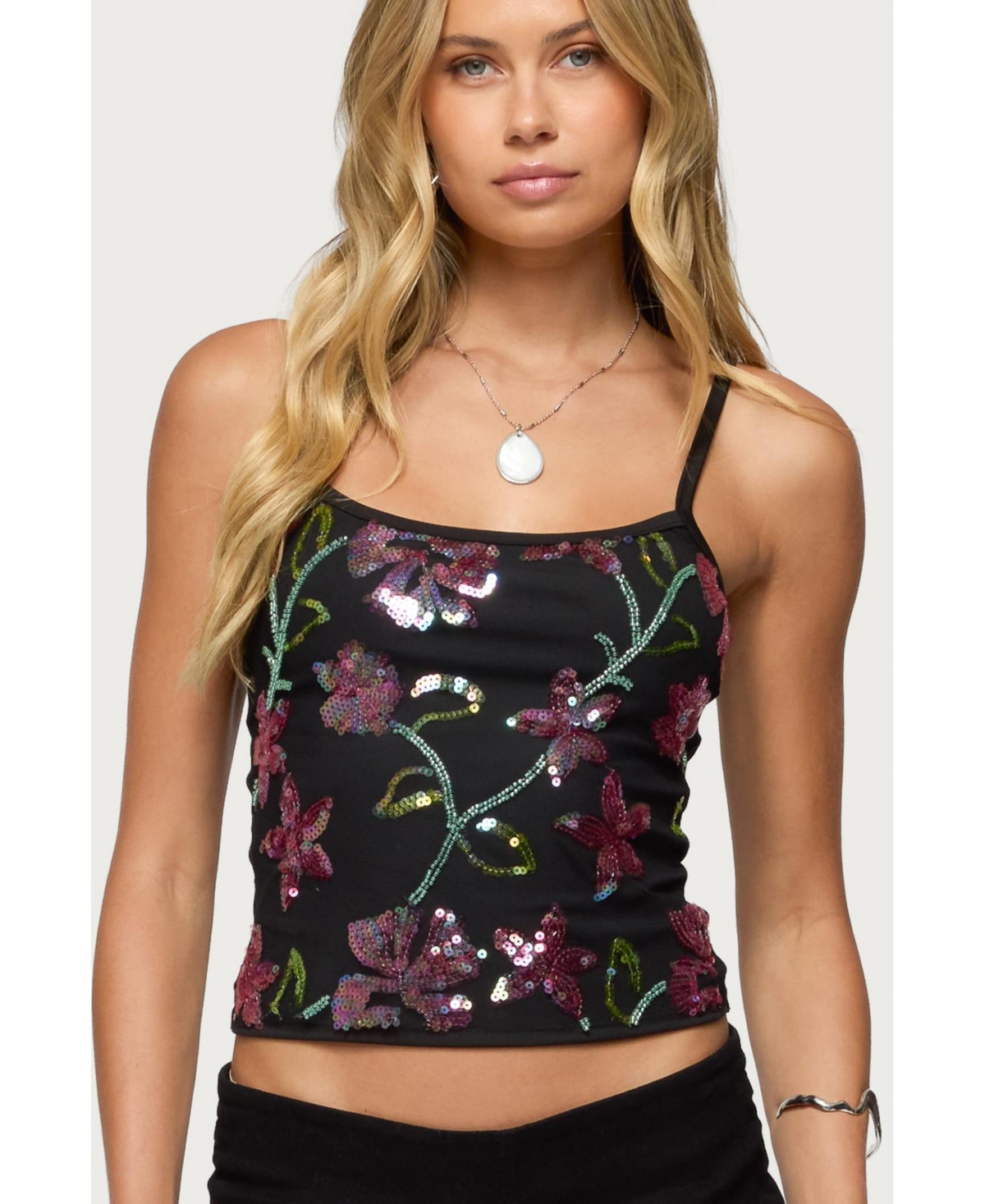 Click here for Edikted Womens Beaded Floral Embroidered Tank Top... prices