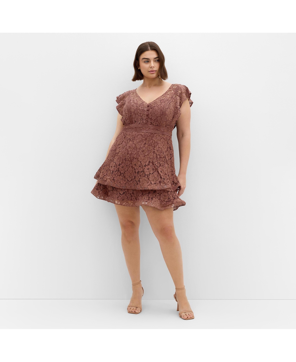 Click here for City Chic Plus Size Lace Frill Mini Dress - Brown prices
