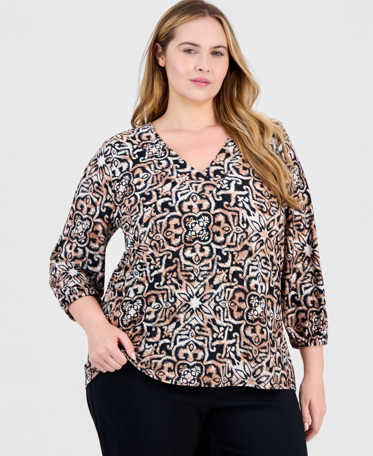 Click here for Jm Collection Plus Size Printed V-Neck Jacquard To... prices