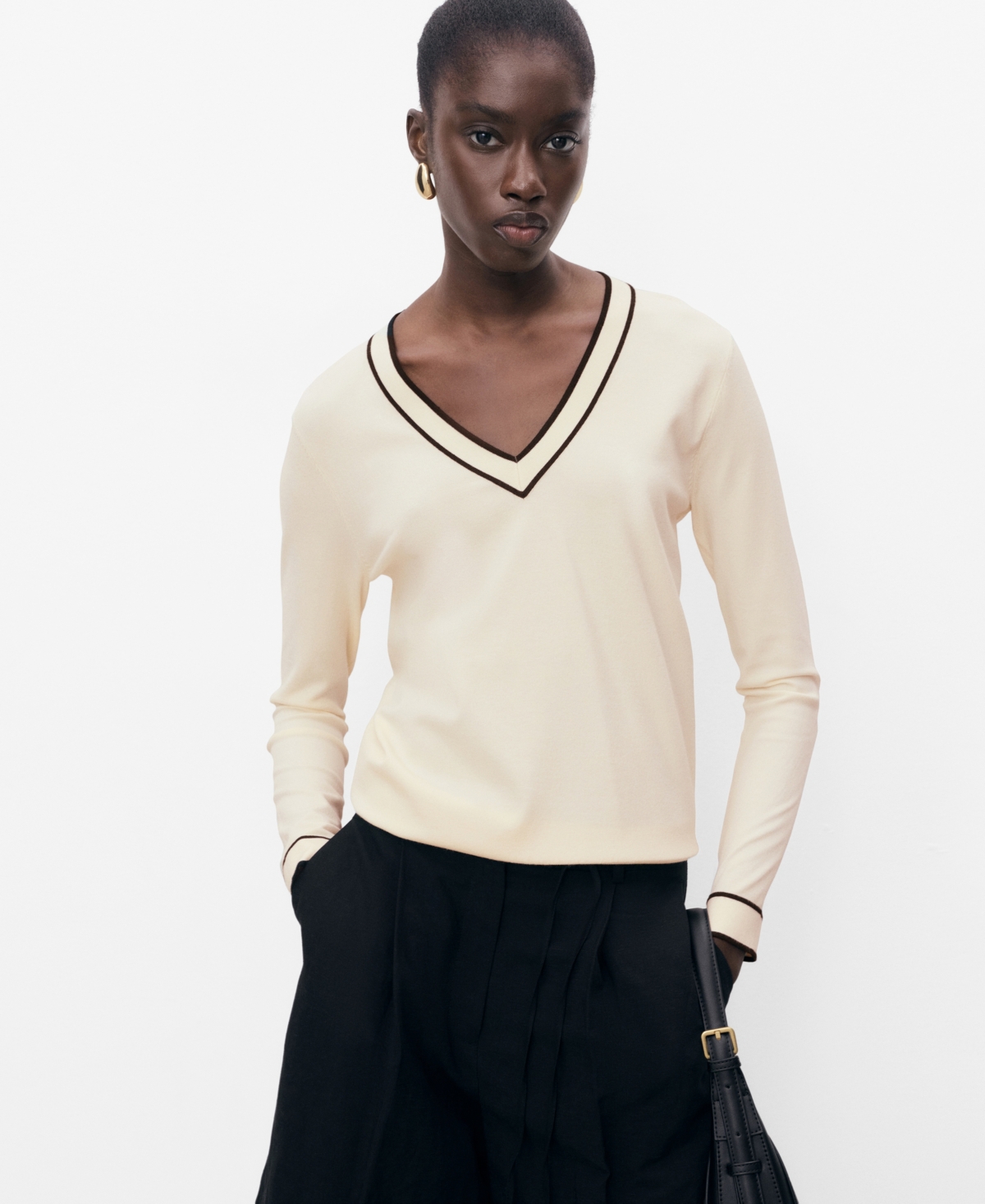 Click here for Mango Womens Contrasting V-Neck Sweater - Ecru prices