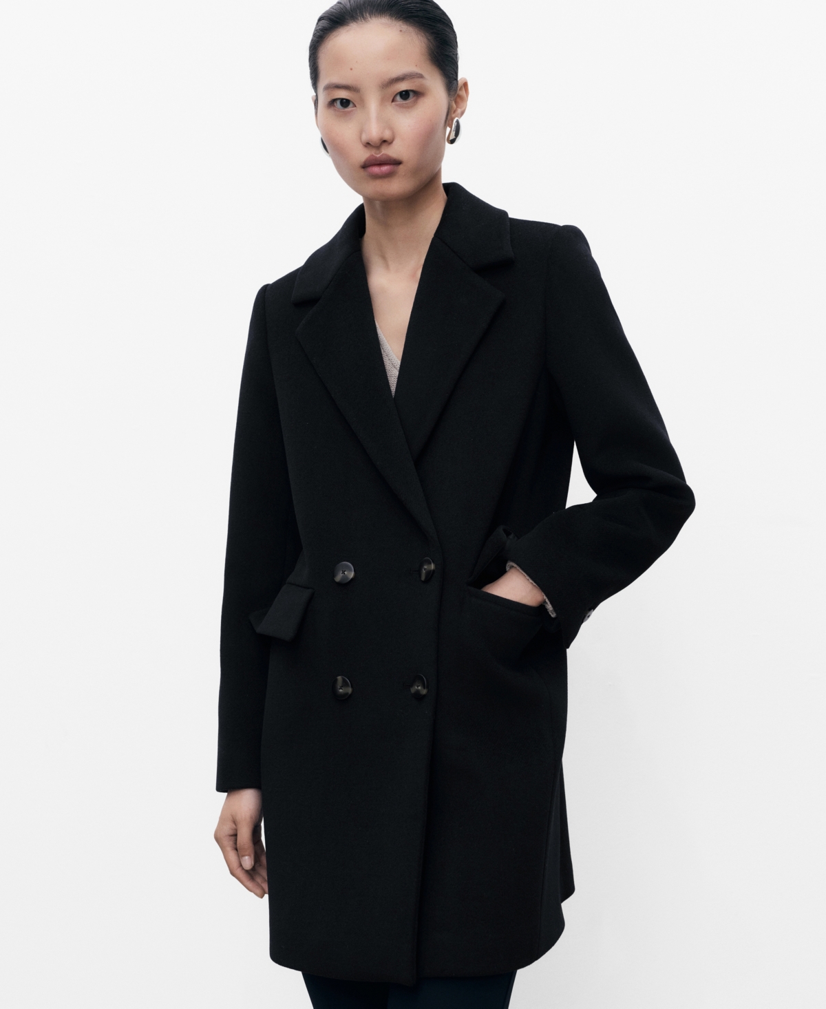 Click here for Mango Womens Double-Breasted Wool Blend Coat - Bla... prices