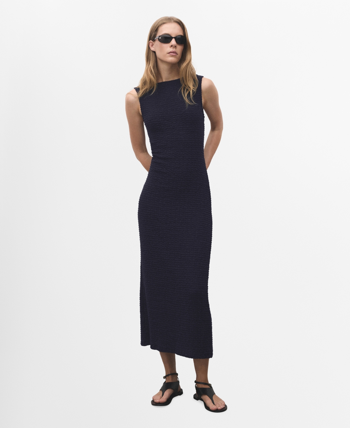 Click here for Mango Womens Fitted Textured Dress - Navy prices
