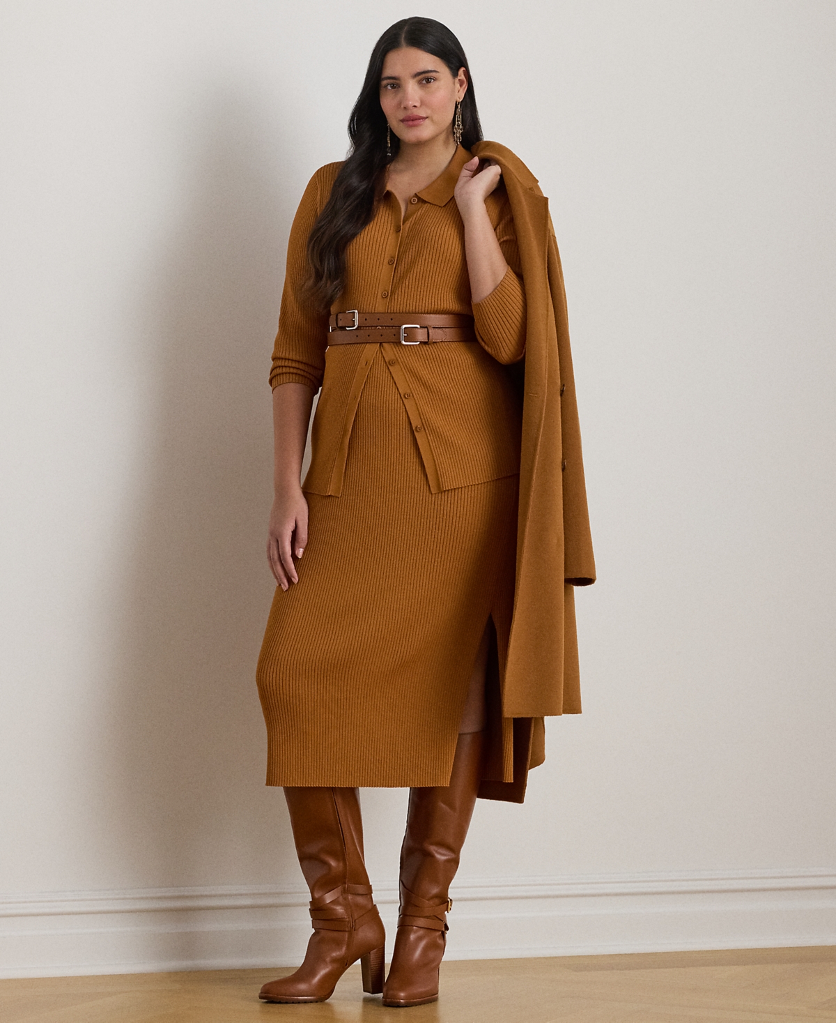 Lauren Ralph Lauren Plus Size Rib-Knit Pencil Midi Skirt - Cinnamon Bark