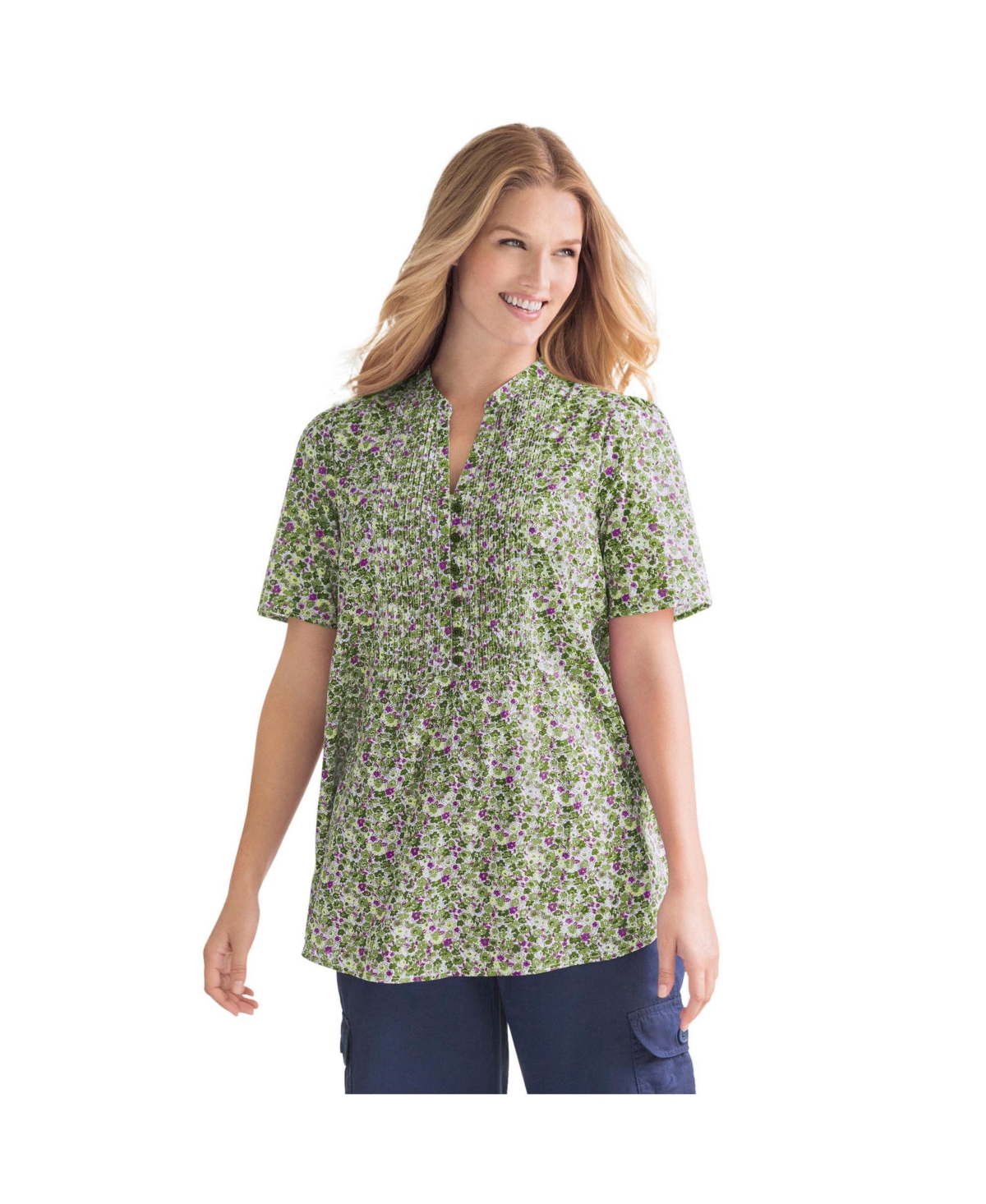 Click here for Woman Within Womens Plus Size Pintucked Half-Butto... prices