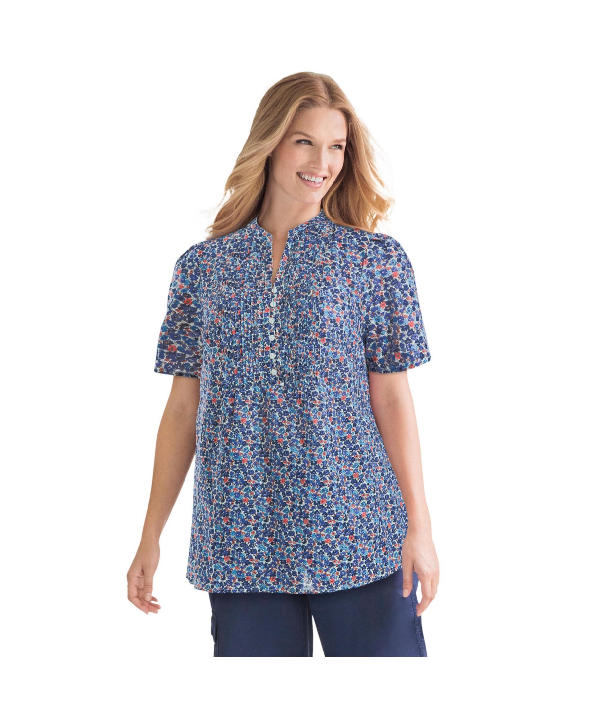Click here for Woman Within Womens Plus Size Pintucked Half-Butto... prices