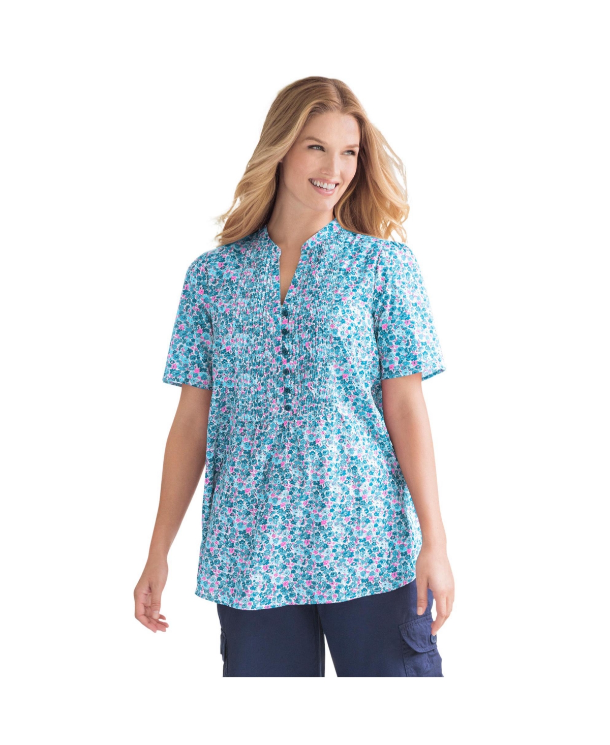 Click here for Woman Within Womens Plus Size Pintucked Half-Butto... prices