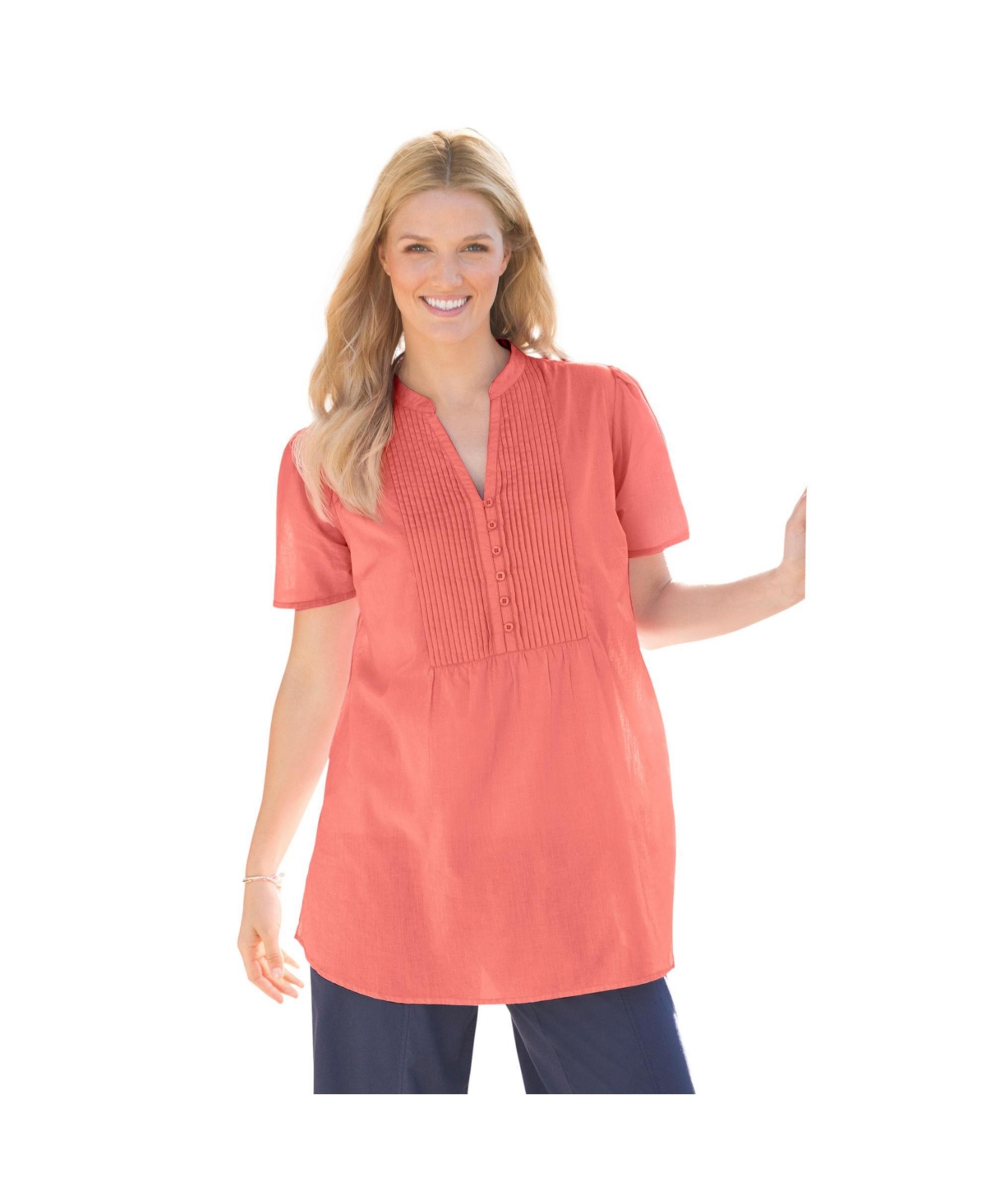 Click here for Woman Within Womens Plus Size Pintucked Half-Butto... prices