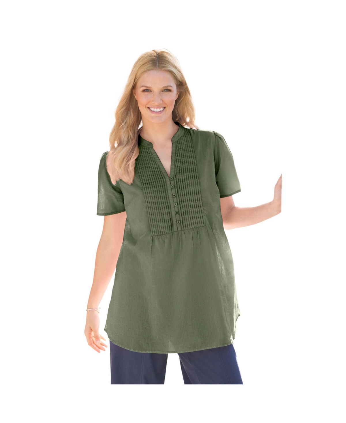 Click here for Woman Within Womens Plus Size Pintucked Half-Butto... prices
